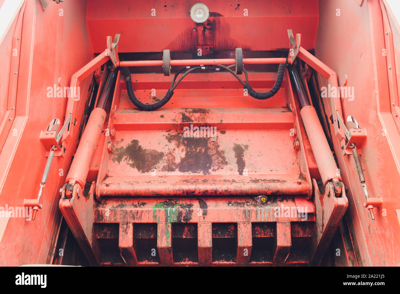 Recycling truck picking up bin - Horizontal garbage press Stock Photo ...