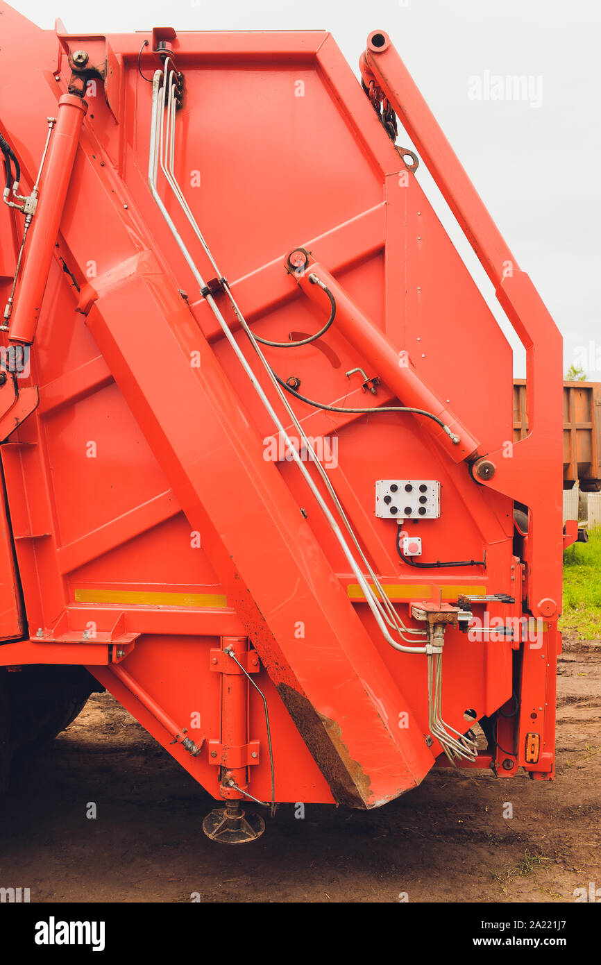 Recycling truck picking up bin - Horizontal garbage press Stock Photo ...