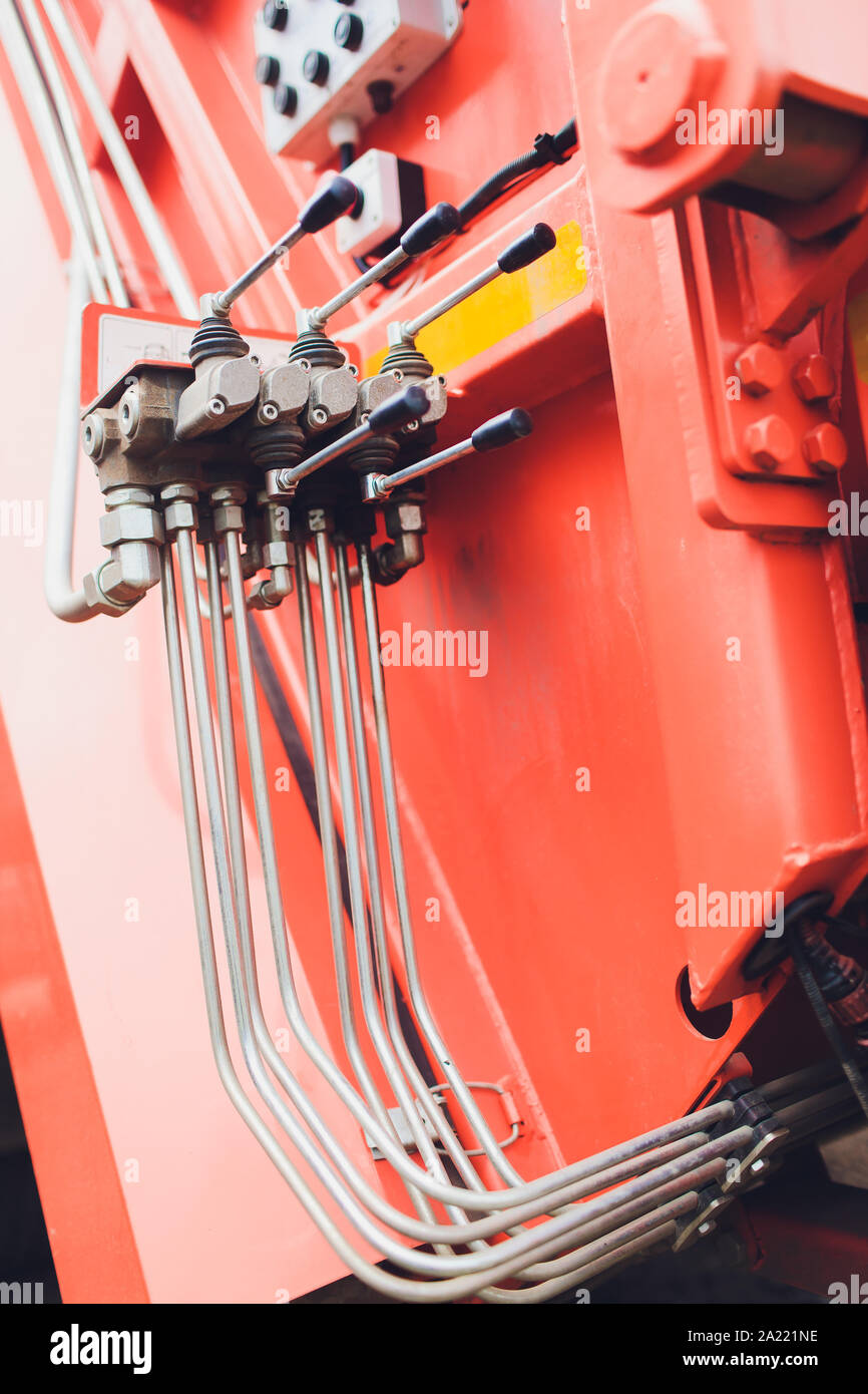 Recycling truck picking up bin - Horizontal garbage press Stock Photo ...