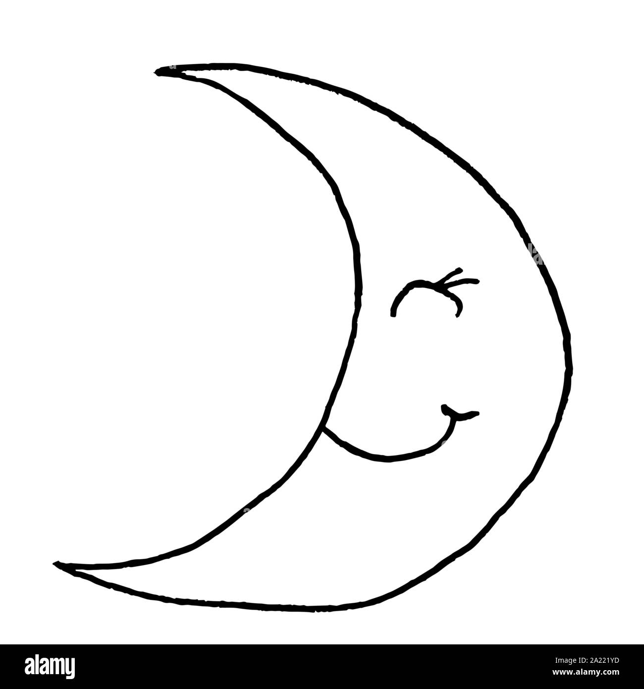 Smiling young moon with an eye and a smile. Monochrome sketch, hand ...
