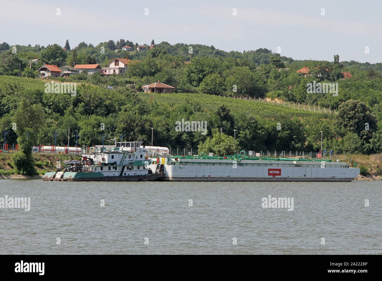Petrol tanker and woods on the danube river bank, Panchevo, Serbia ...