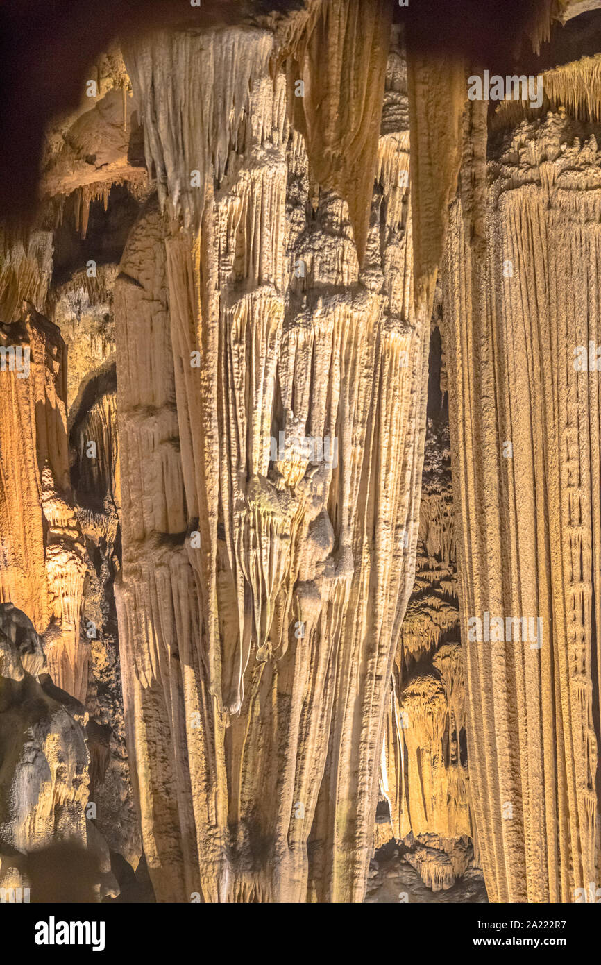 Dripstone formation in limestone cave of Grotte des Demoiselles in ...