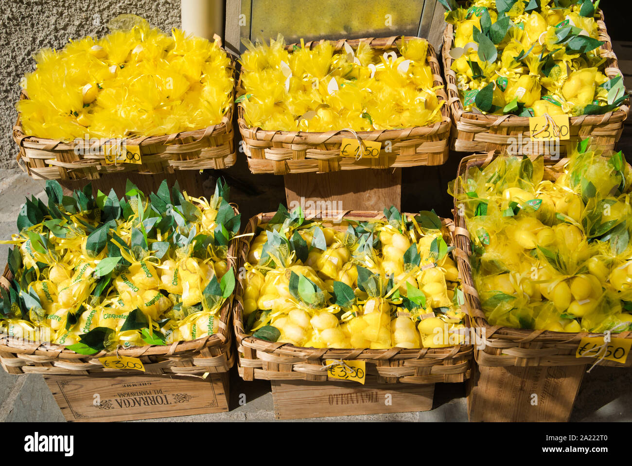 Riomaggiore, Cinque Terre, Italy - August 17, 2019: Boxes of packed ...