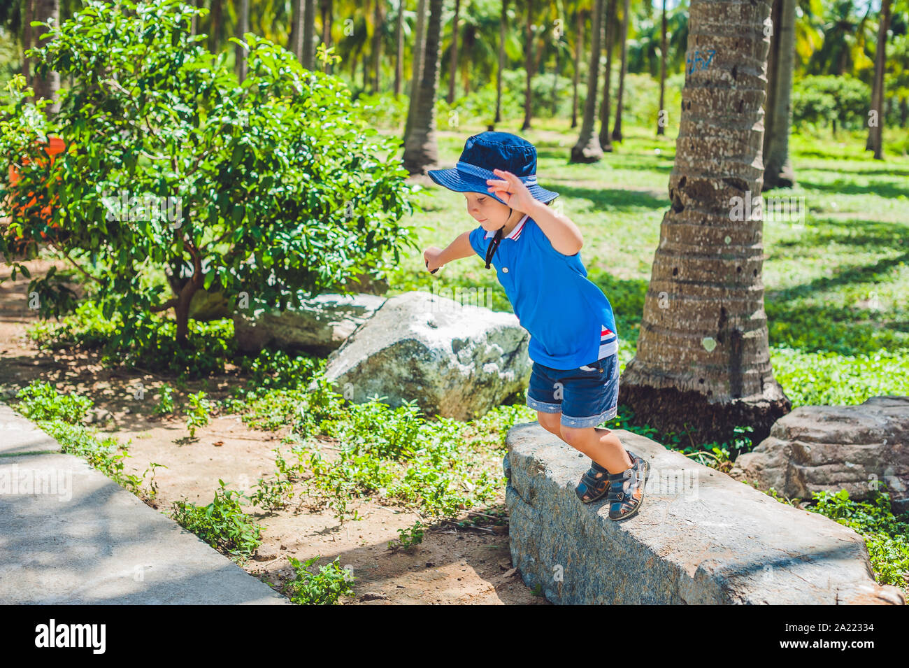 Boy from preschool jumping from stone Stock Photo - Alamy
