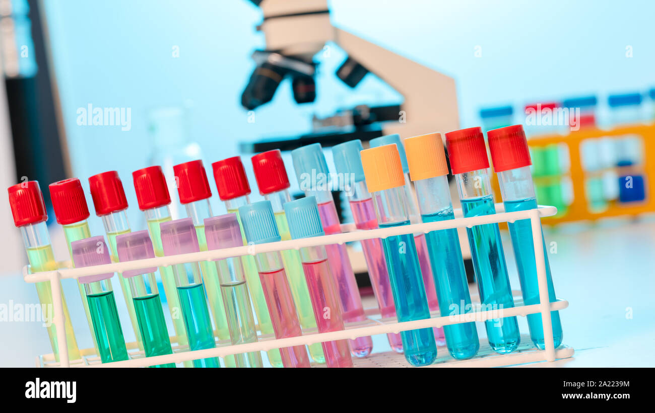 Test tubes and flasks and microscope in a chemical laboratory Stock ...