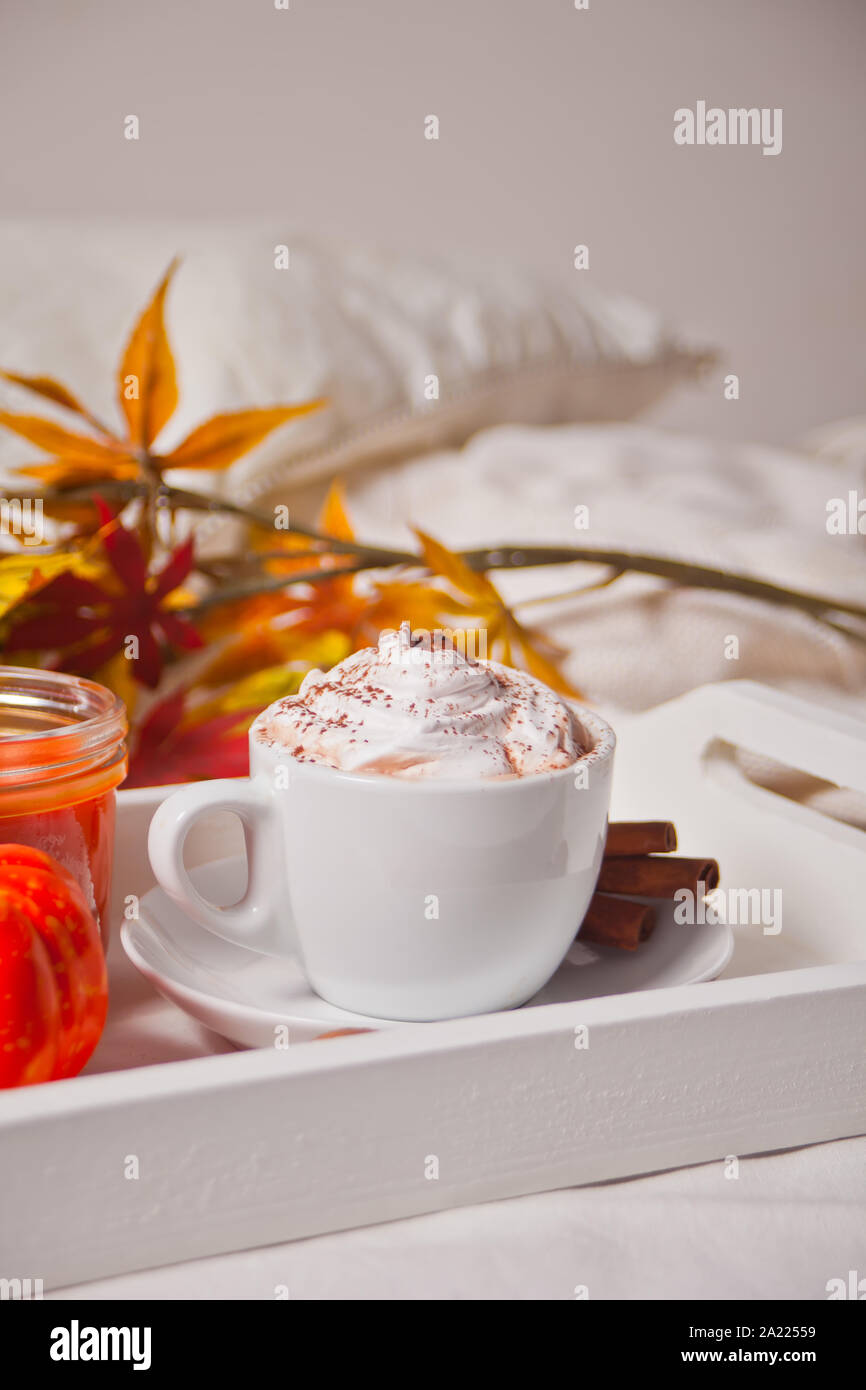 Cup of hot creamy cocoa with froth on the white tray with autumn leaves ...