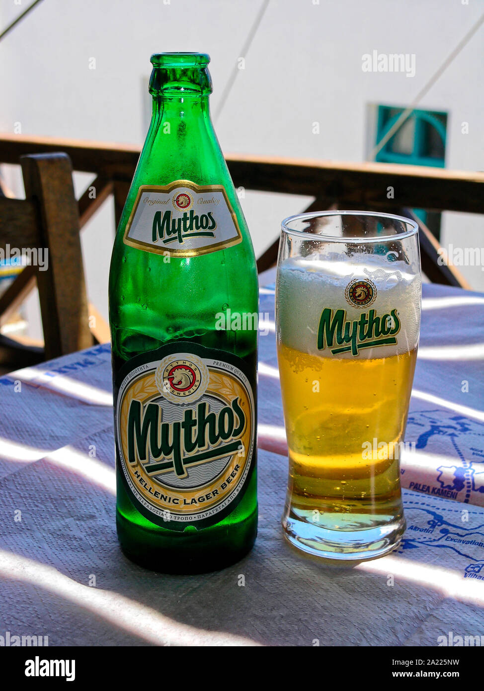 Mythos Beer, bottle; glass; cool drink; beverage; alcohol, dew drops ...