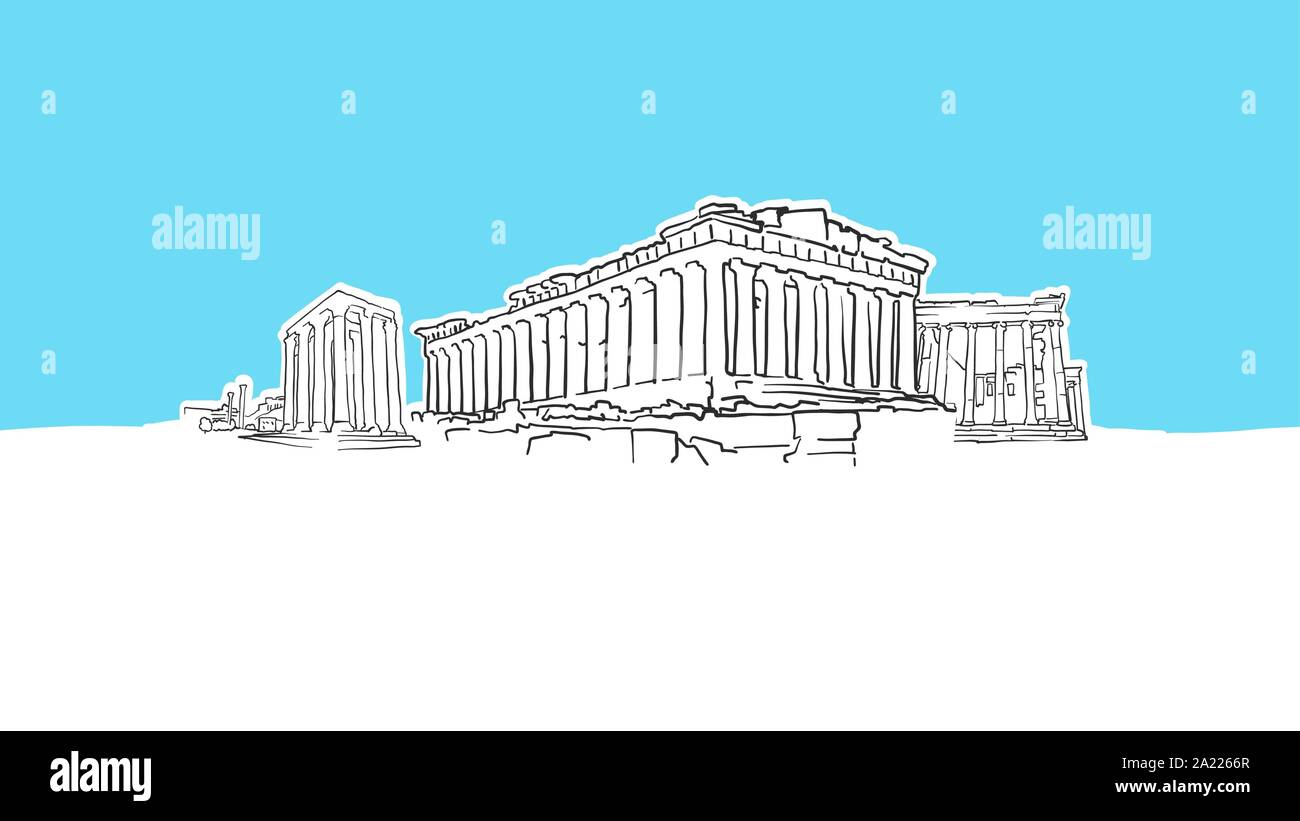 Athens Greece Lineart Vector Sketch. and Drawn Illustration on blue ...
