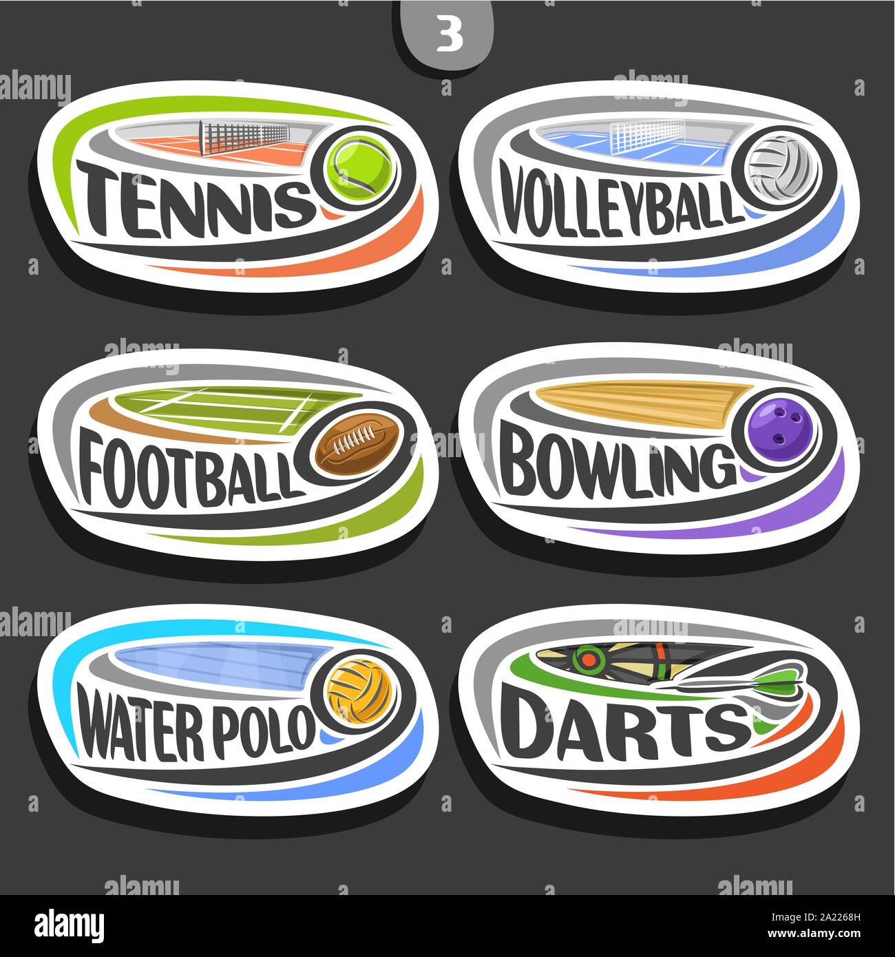 Vector set of sport logos, 6 oval simple badges with flying ball on ...