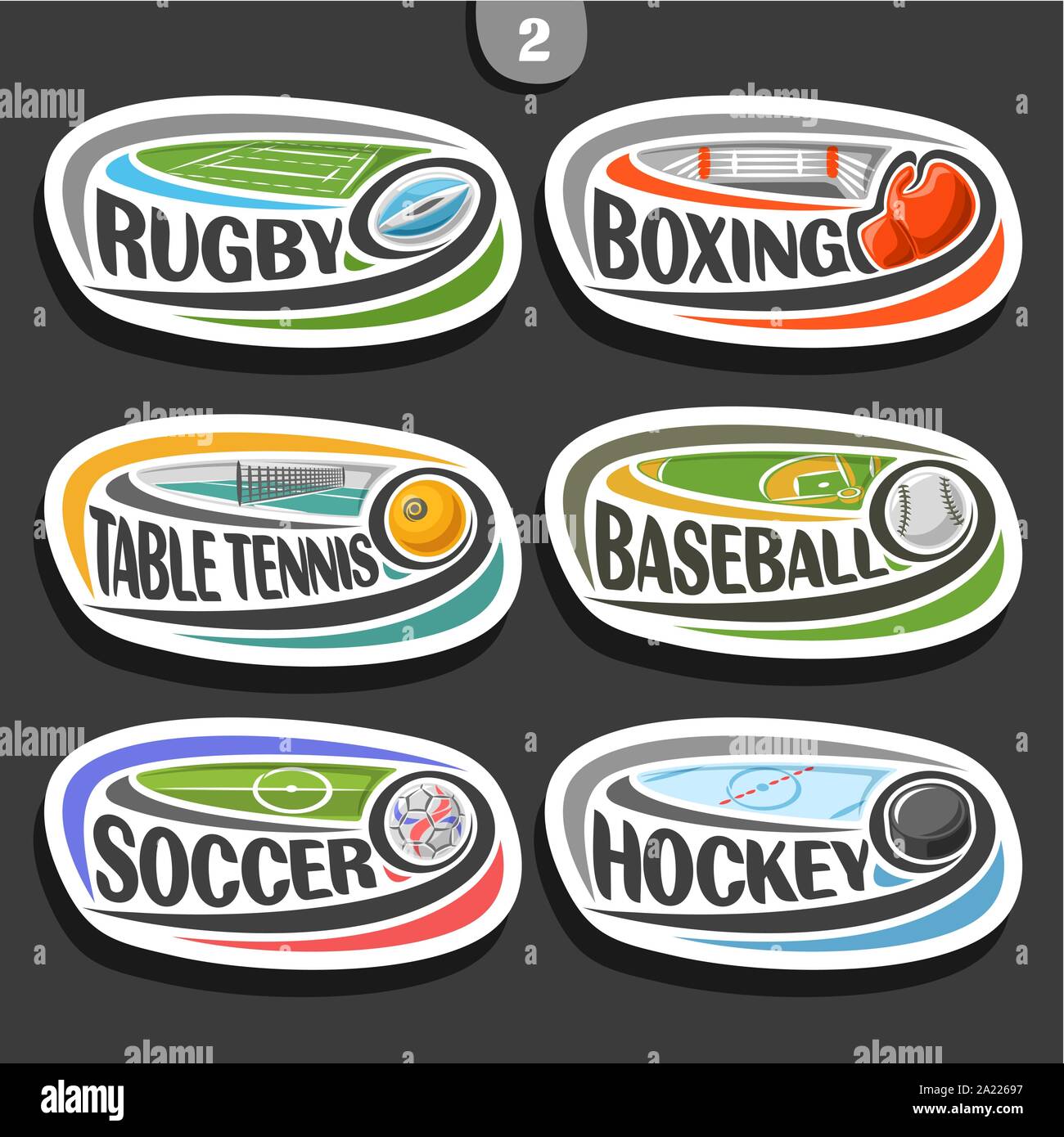 Vector set of sport logos, 6 oval simple badges with flying ball on ...