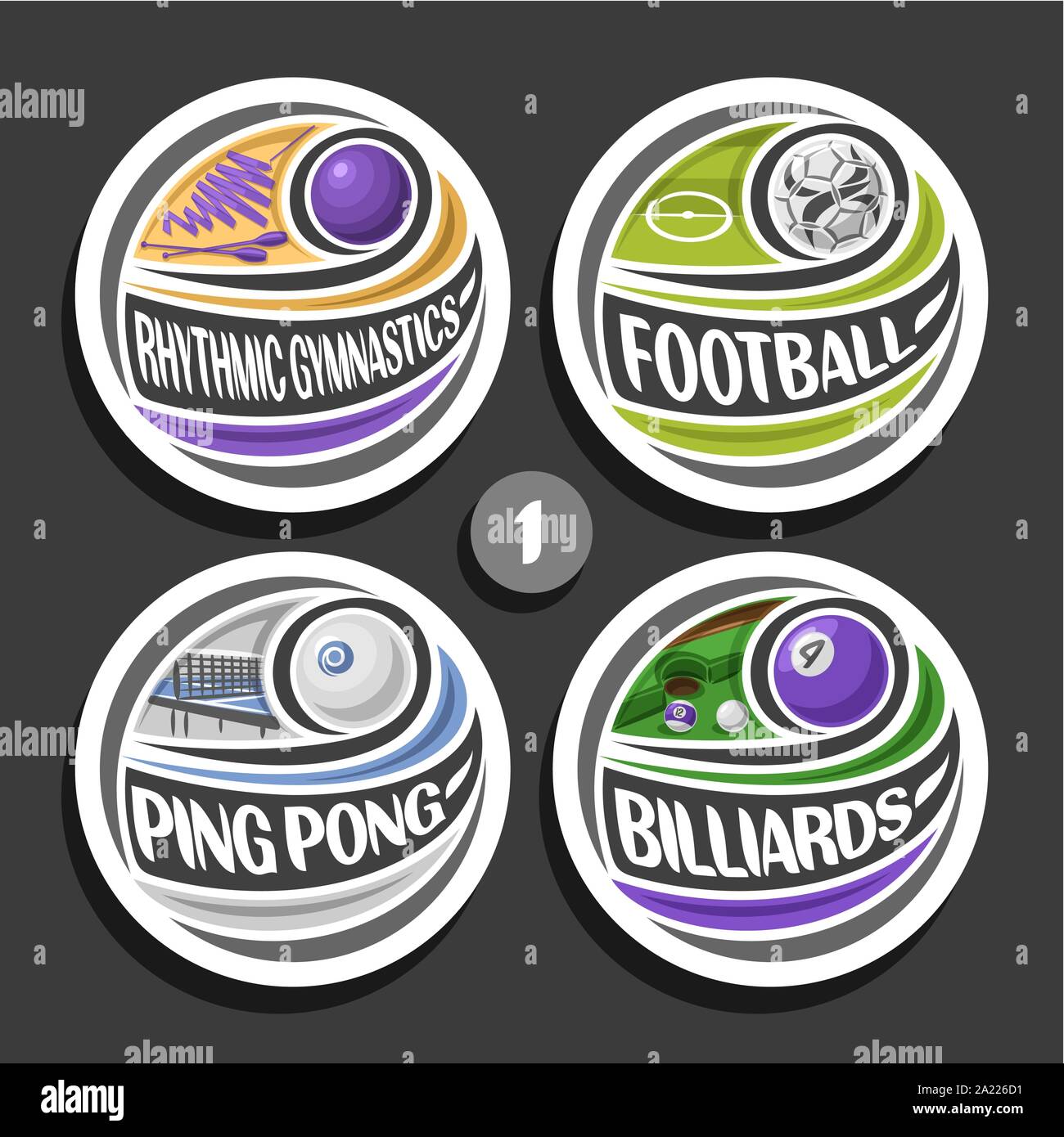 Vector set of sport logos, 4 round simple badges with flying ball on ...