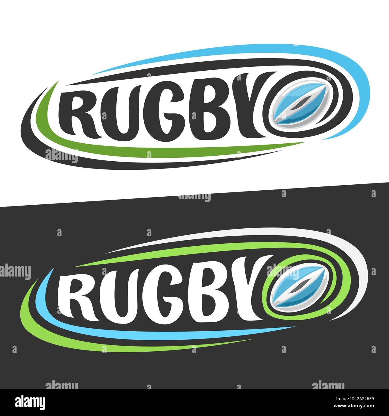 Vector logos for Rugby sport, flying blue oval ball and handwritten ...