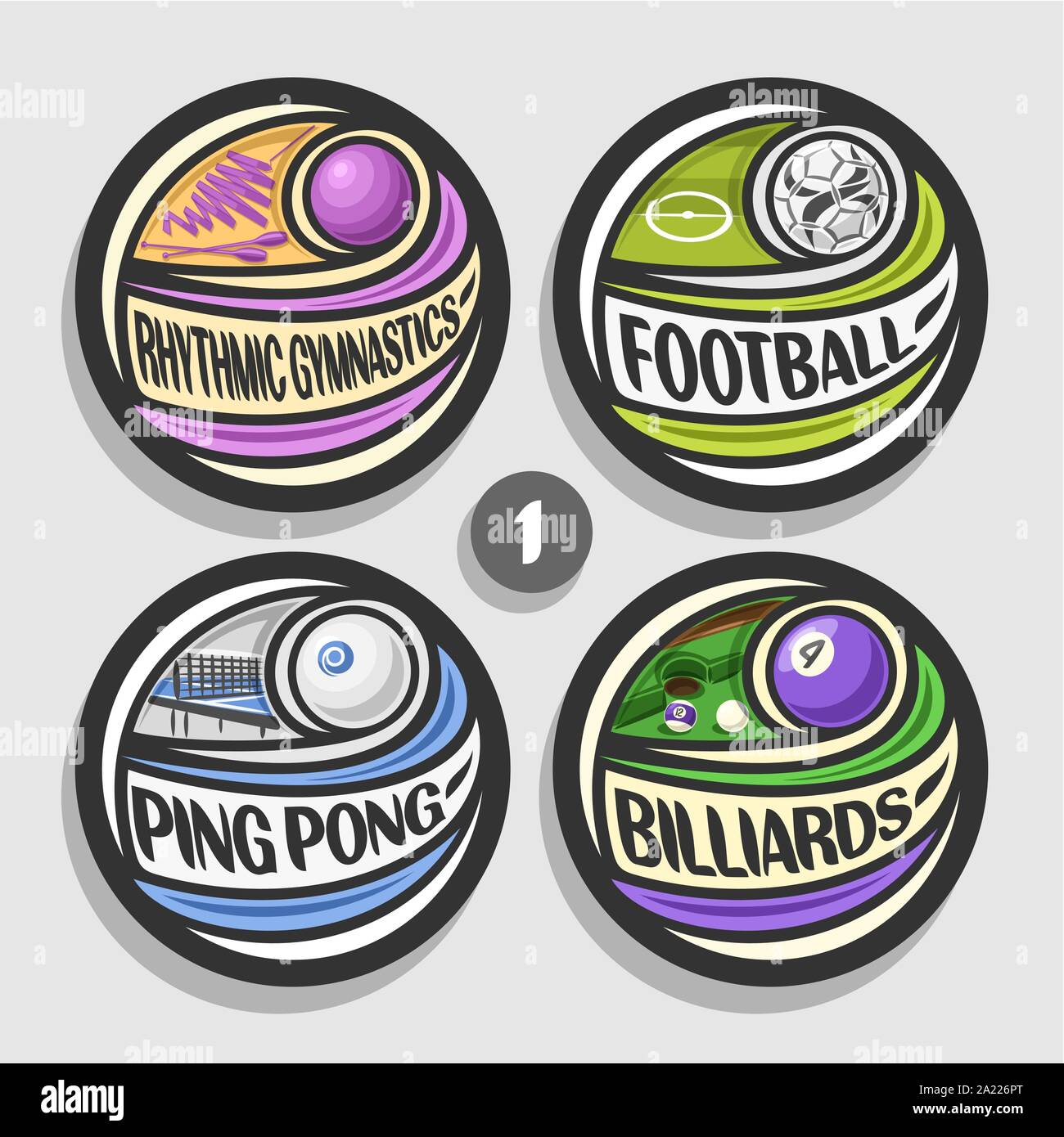 Vector set of sport logos, 4 round simple badges with flying ball on ...
