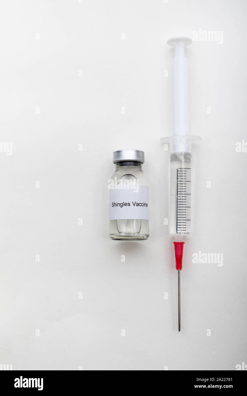 Medical concept showing medical a medical vial reading Shingles Vaccine ...