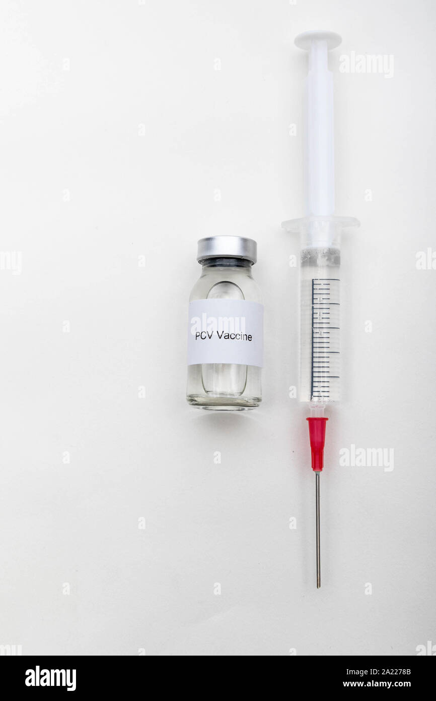 Medical concept showing medical a medical vial reading PCV Vaccine and ...