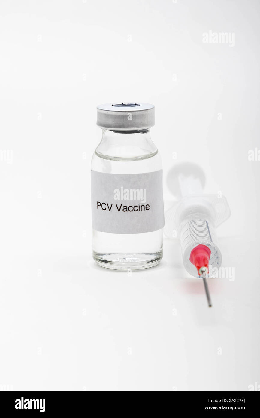 Medical concept showing medical a medical vial reading PCV Vaccine and ...