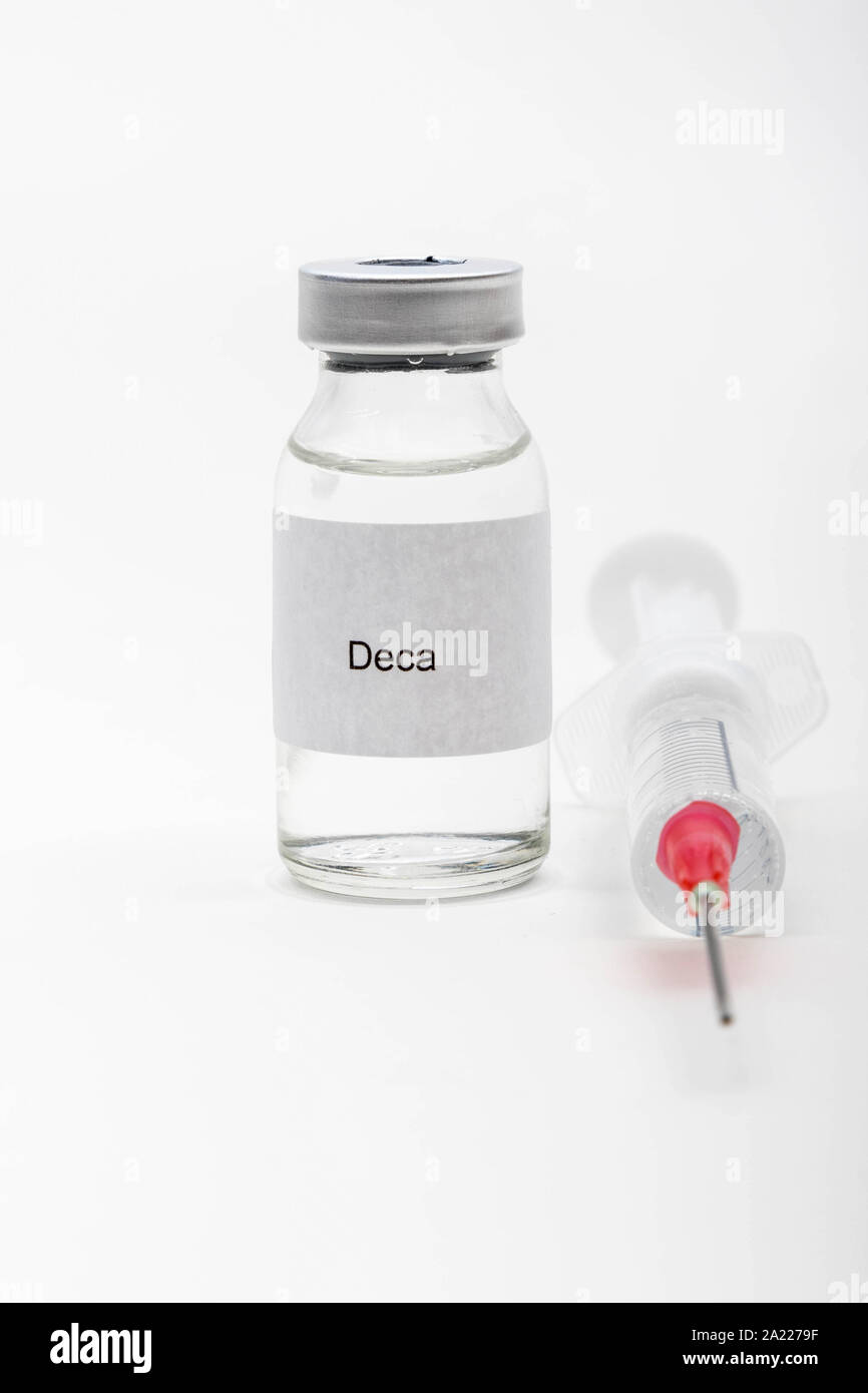 Medical concept showing medical a medical vial reading Deca and a ...