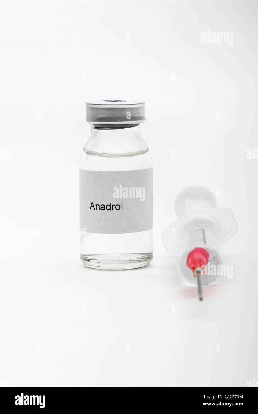 Medical concept showing medical a medical vial reading Anadrol and a ...