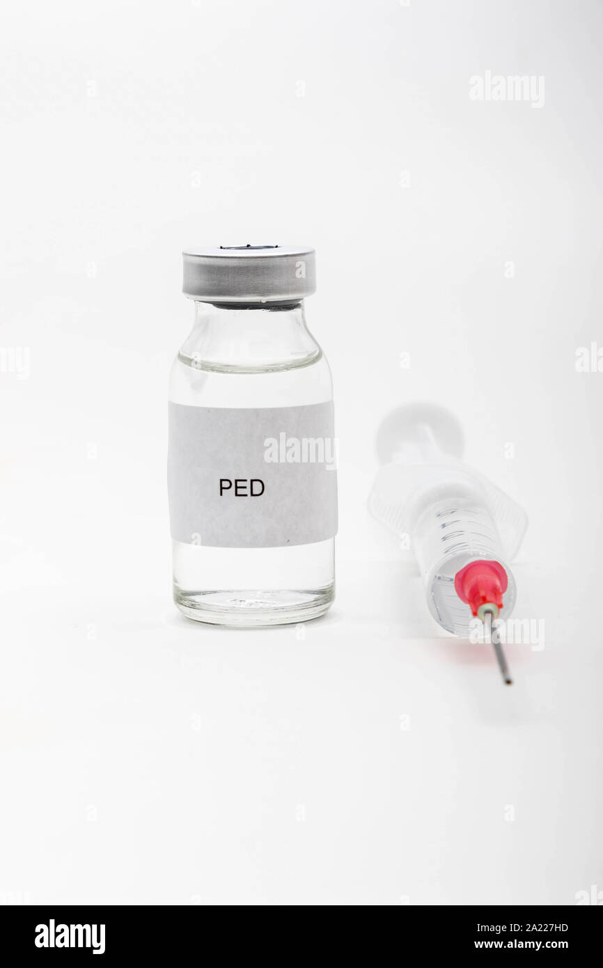 Medical concept showing medical a medical vial reading PED with a ...