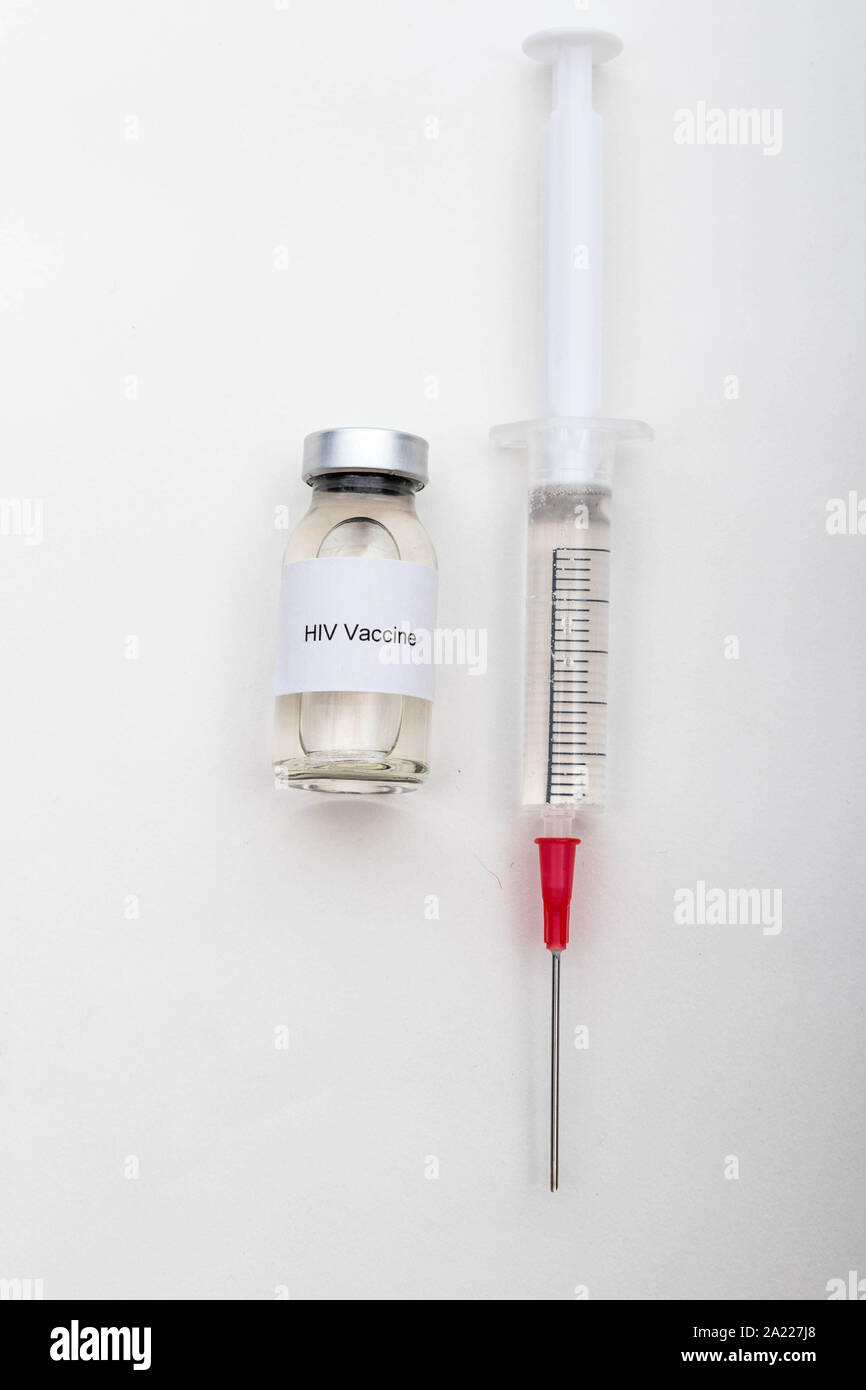 Medical concept showing medical a medical vial reading HIV Vaccine and ...