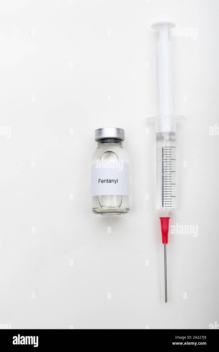 Medical concept showing medical a medical vial reading Fentanyl and a ...