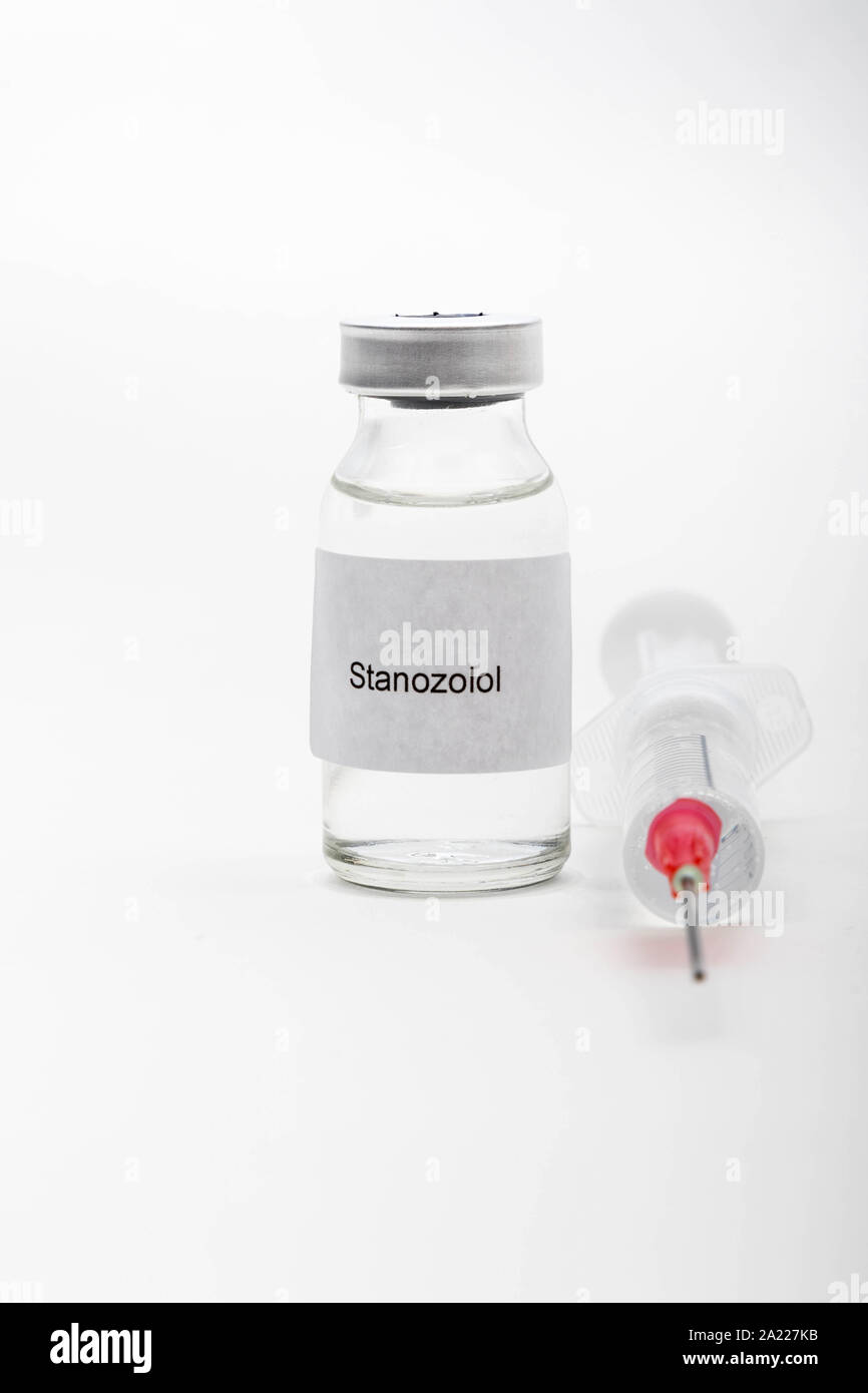 Medical concept showing medical a medical vial reading Stanozolol and a ...