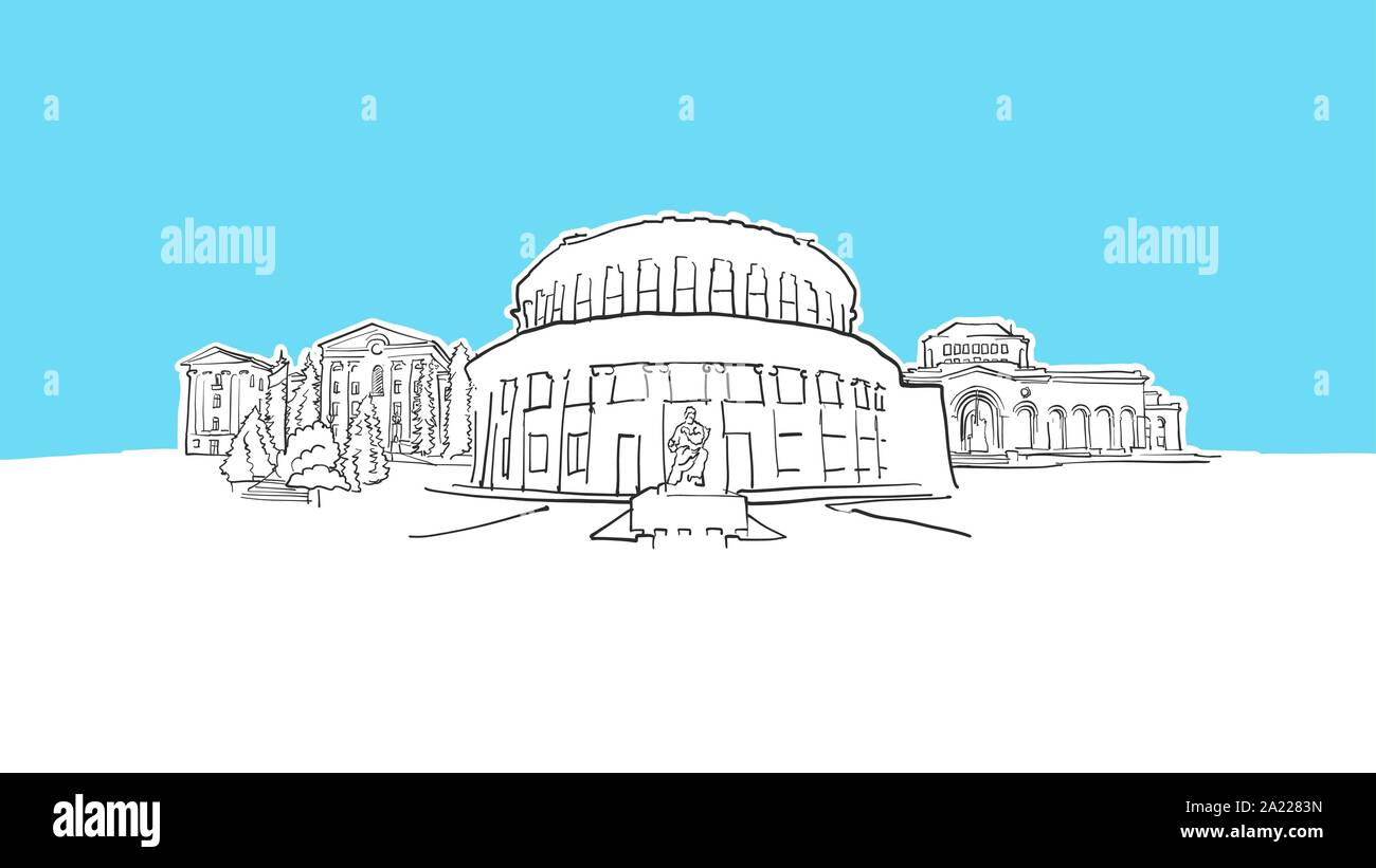 Yerevan Armenia Lineart Vector Sketch. and Drawn Illustration on blue ...