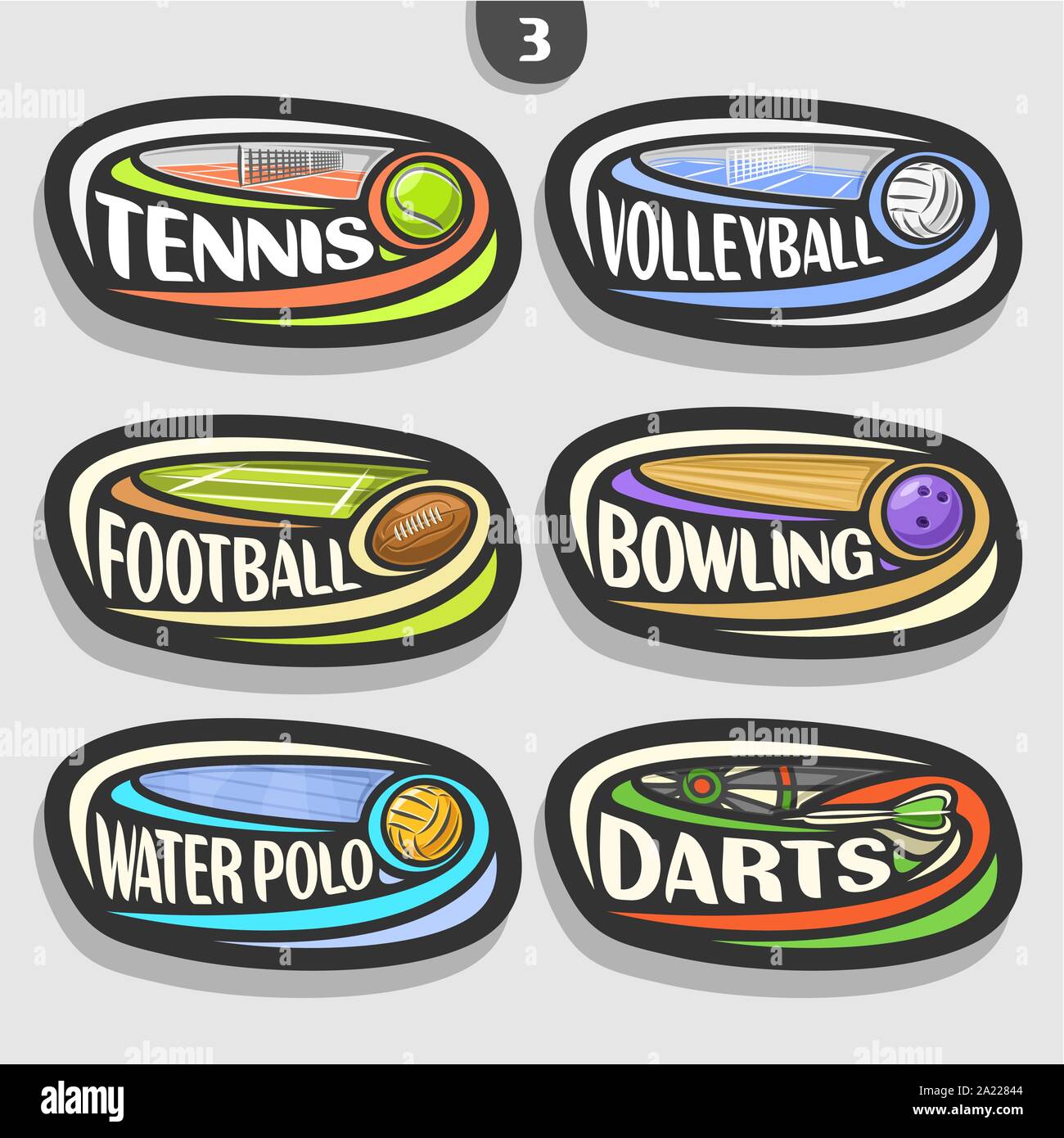 Vector set of sport logos, 6 oval simple badges with flying ball on ...