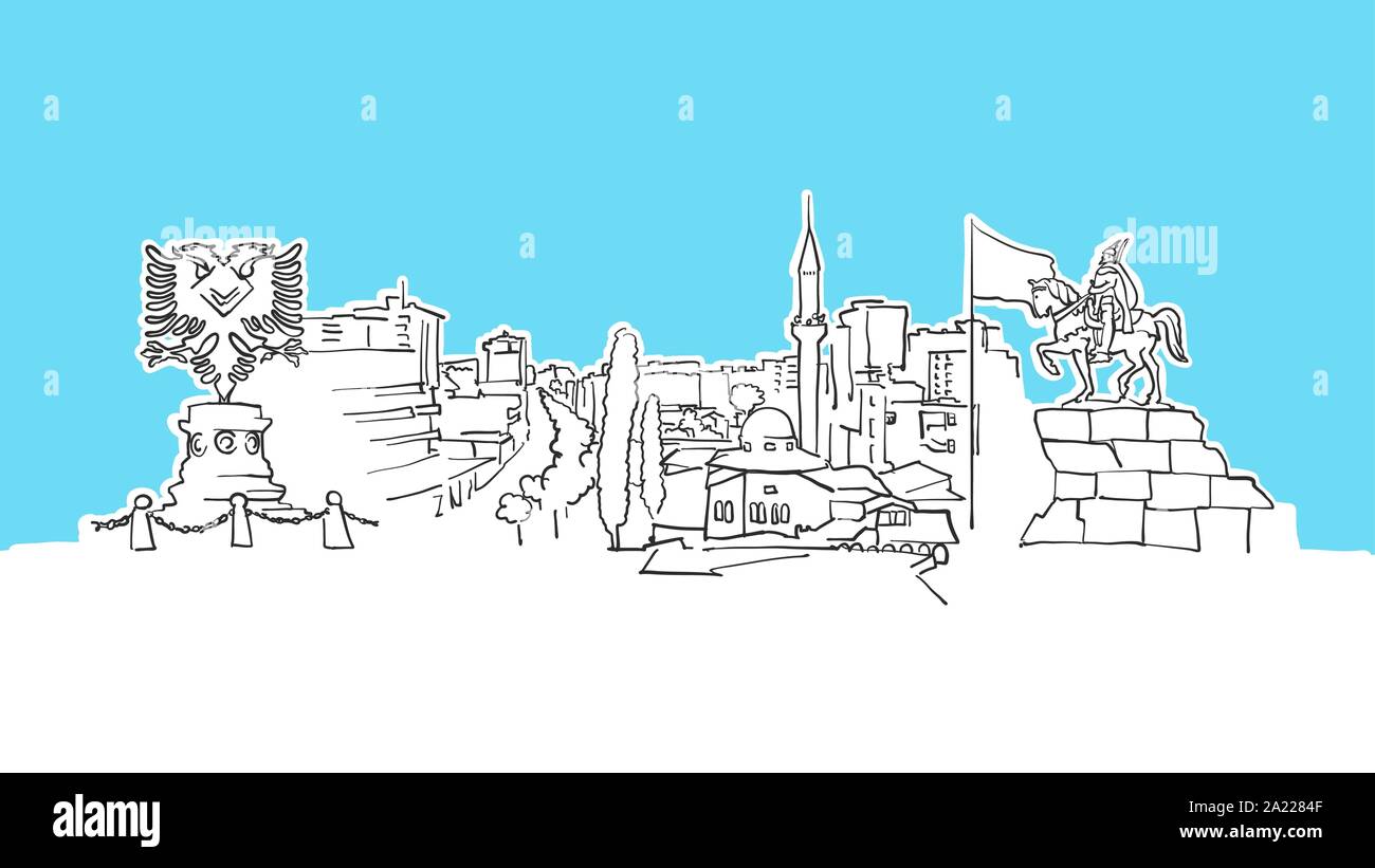 Tirana Albania Lineart Vector Sketch. and Drawn Illustration on blue ...