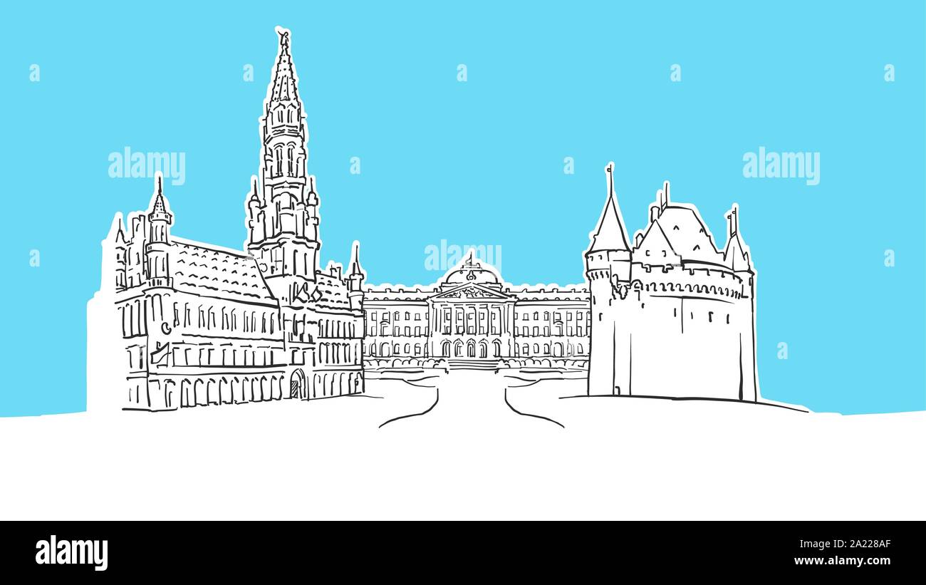 Brussels Belgium Lineart Vector Sketch. and Drawn Illustration on blue ...