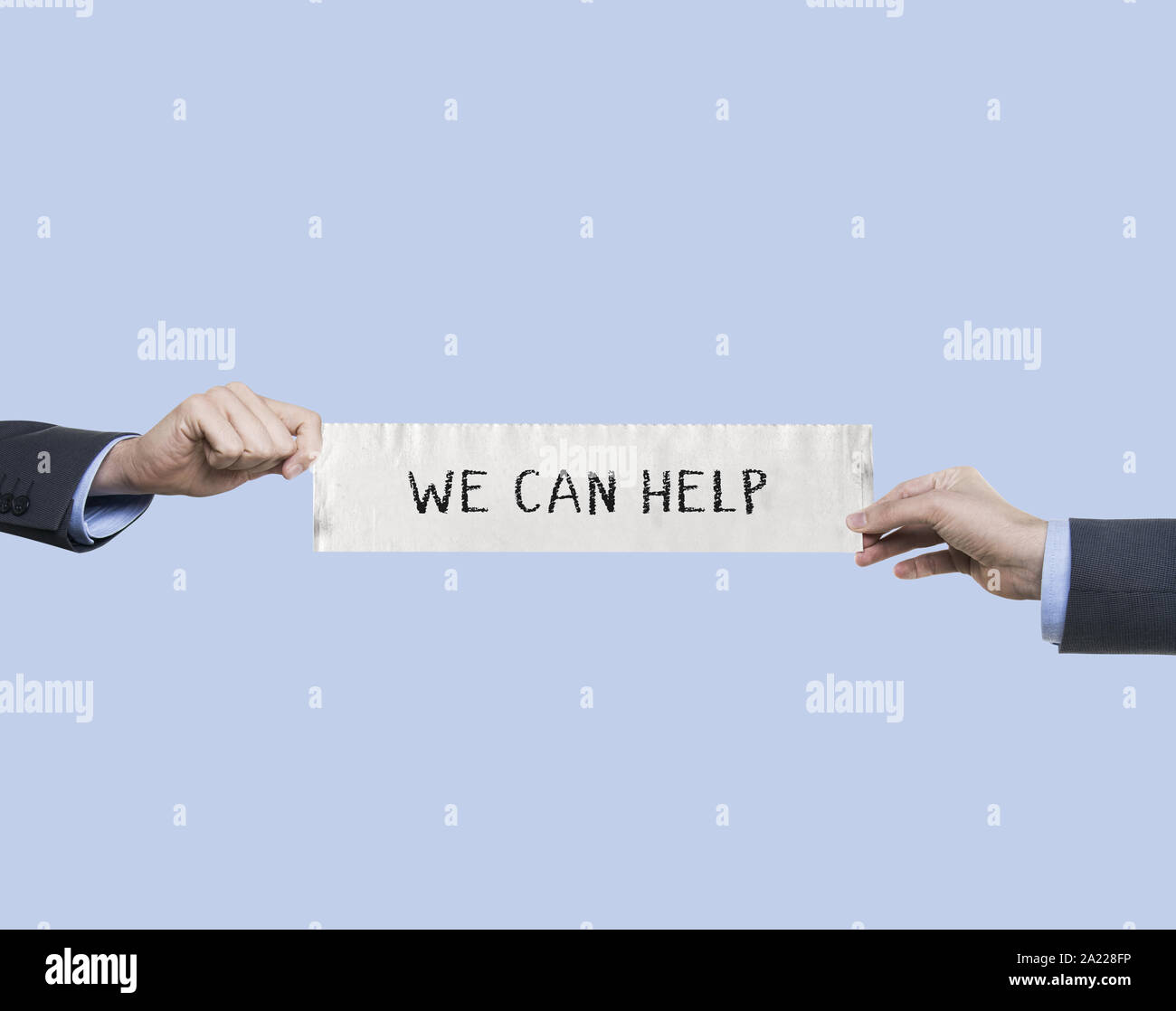 we can help businessman holding message Stock Photo - Alamy