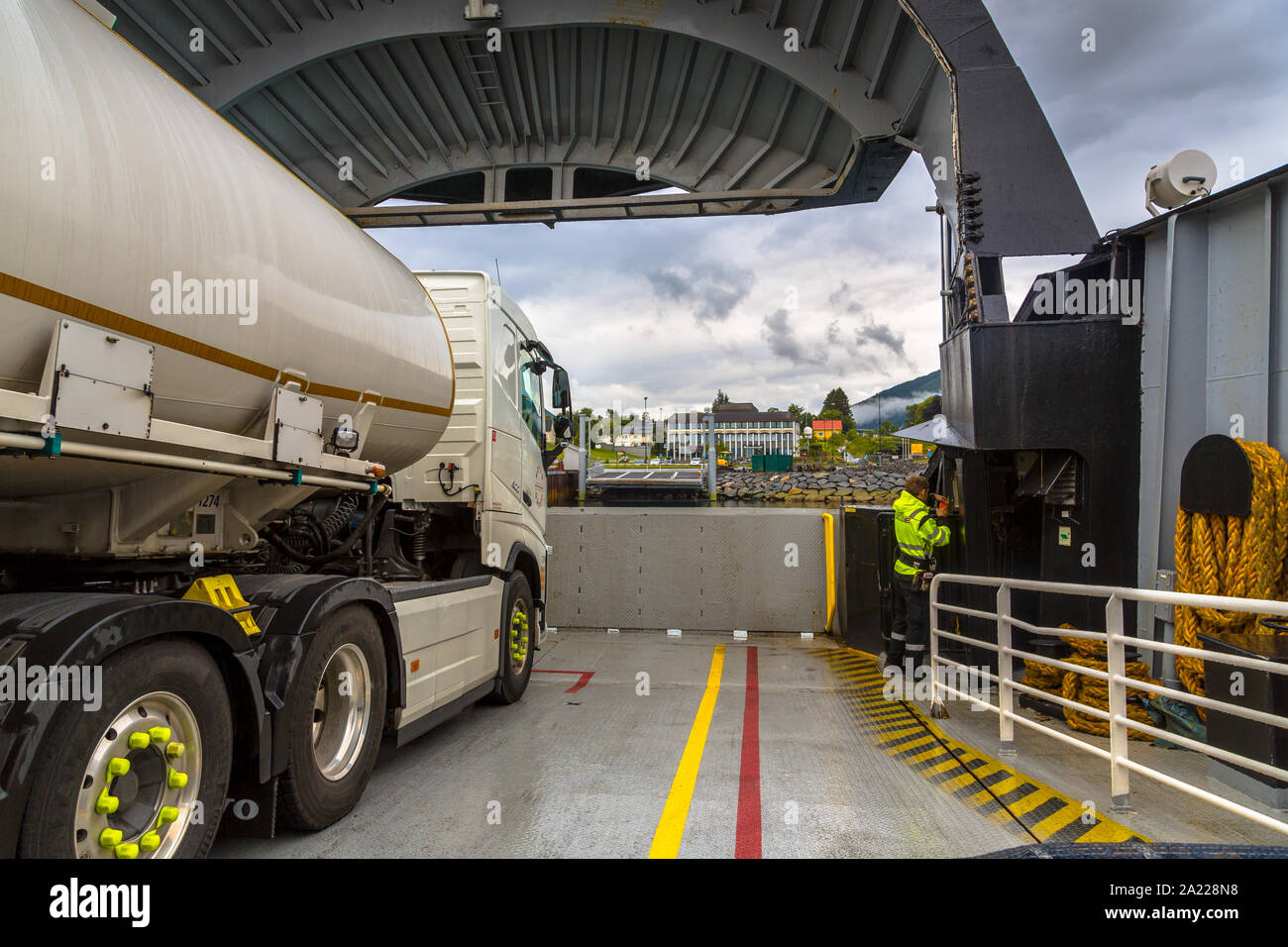HAREID, NORWAY - AUGUST 06, 2016: Passenger viewpoint of car deck of a ...
