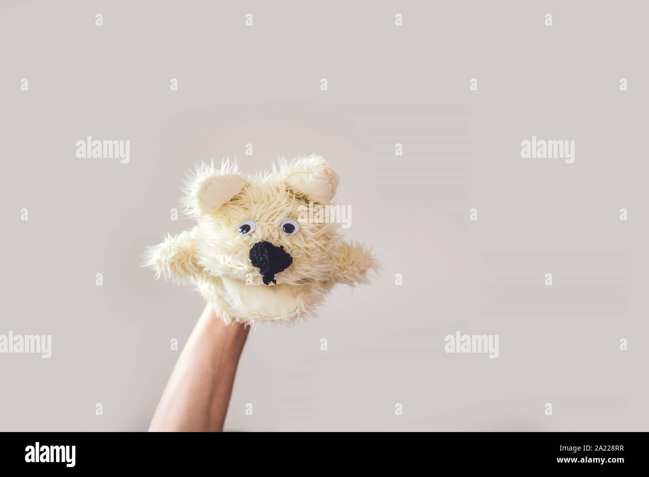 Puppet show dog on a gray background. Space for text or replicas Stock ...