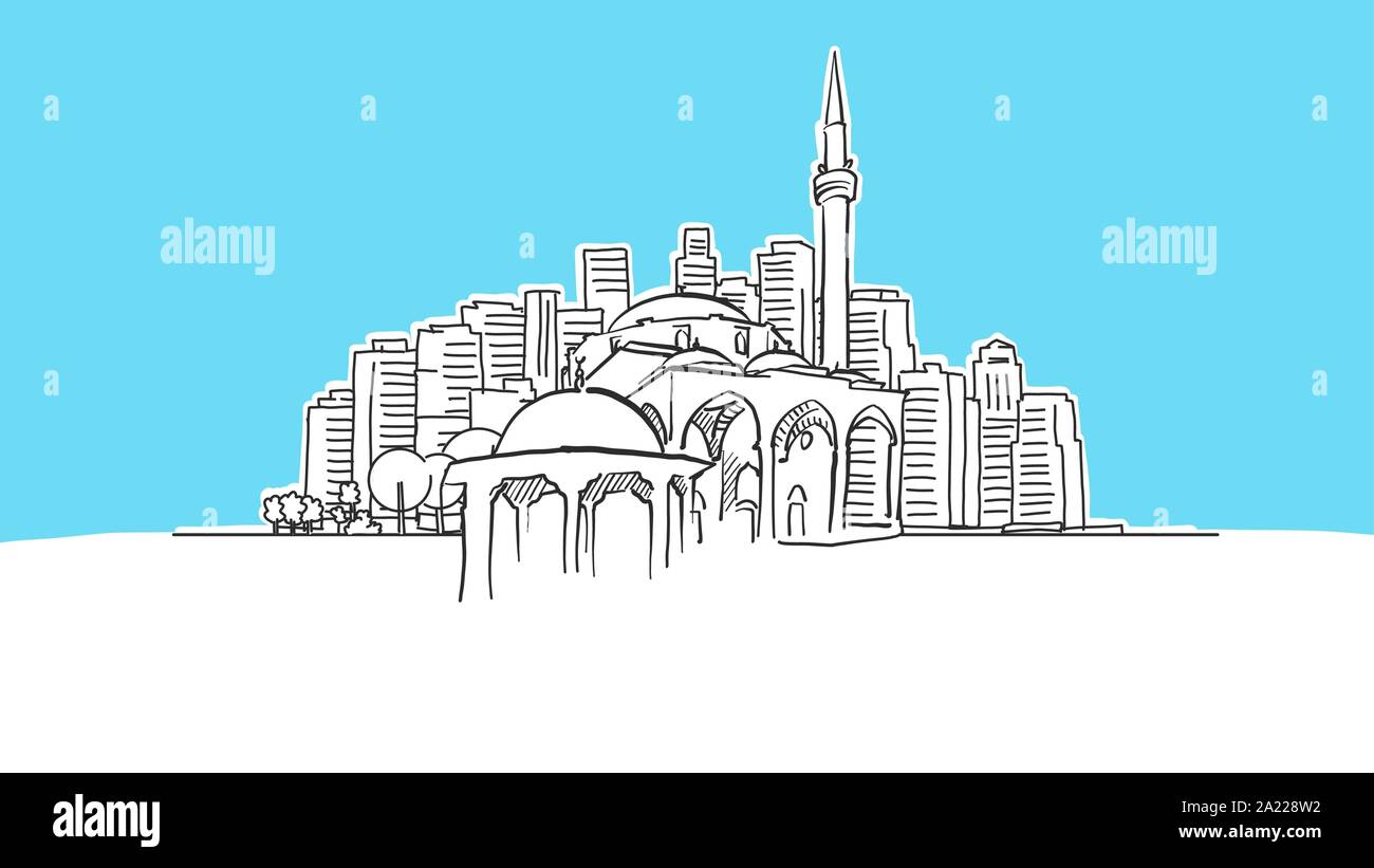Historic Mosque Lineart Vector Sketch. and Drawn Illustration on blue ...