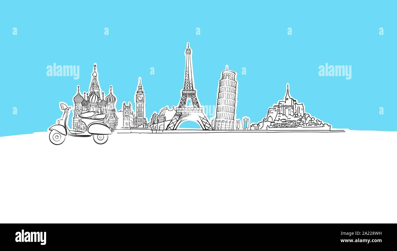 Europe Travel Concept Lineart Vector Sketch. and Drawn Illustration on ...