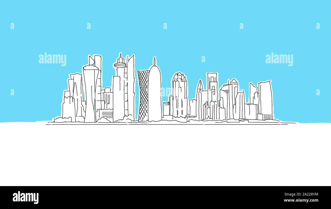 Doha Qatar Skyscraper Lineart Vector Sketch. and Drawn Illustration on ...