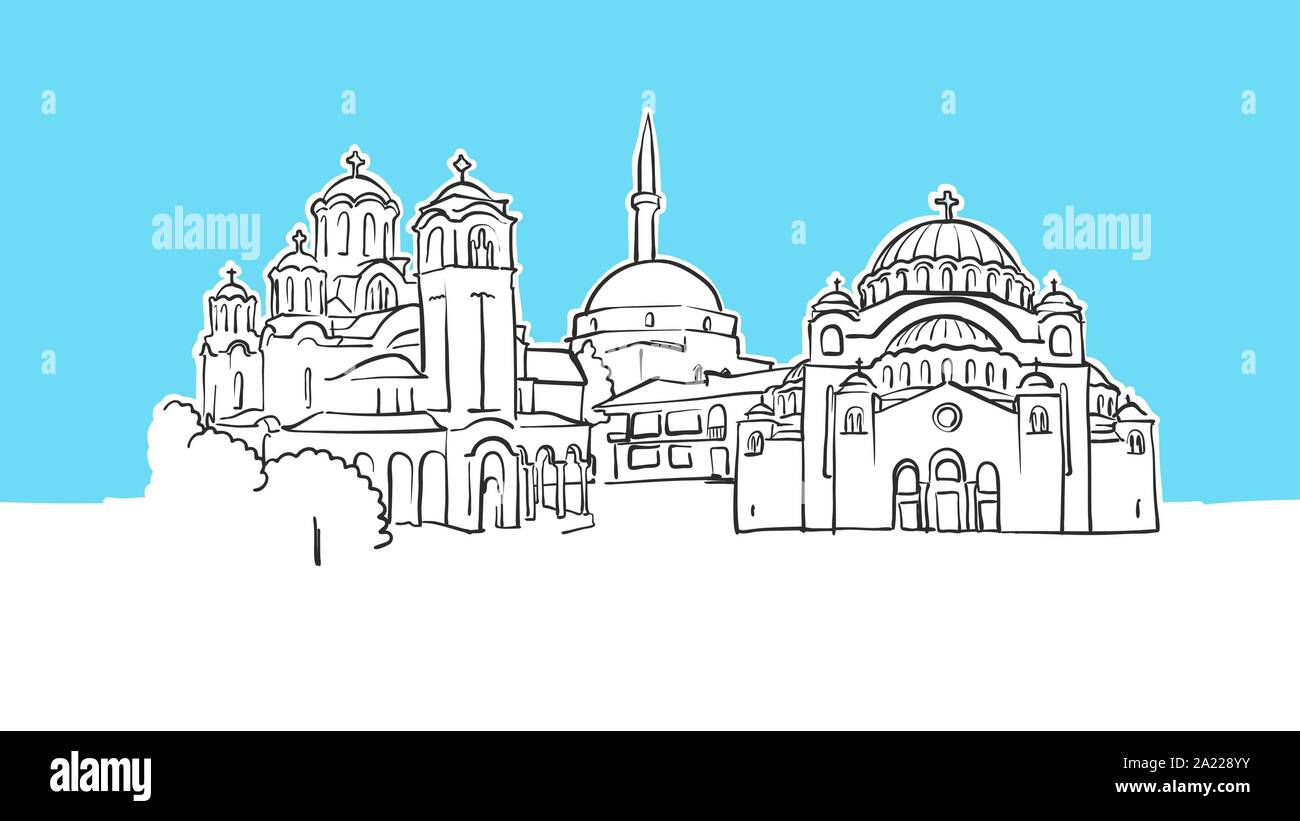 Belgrade Serbia Lineart Vector Sketch. and Drawn Illustration on blue ...
