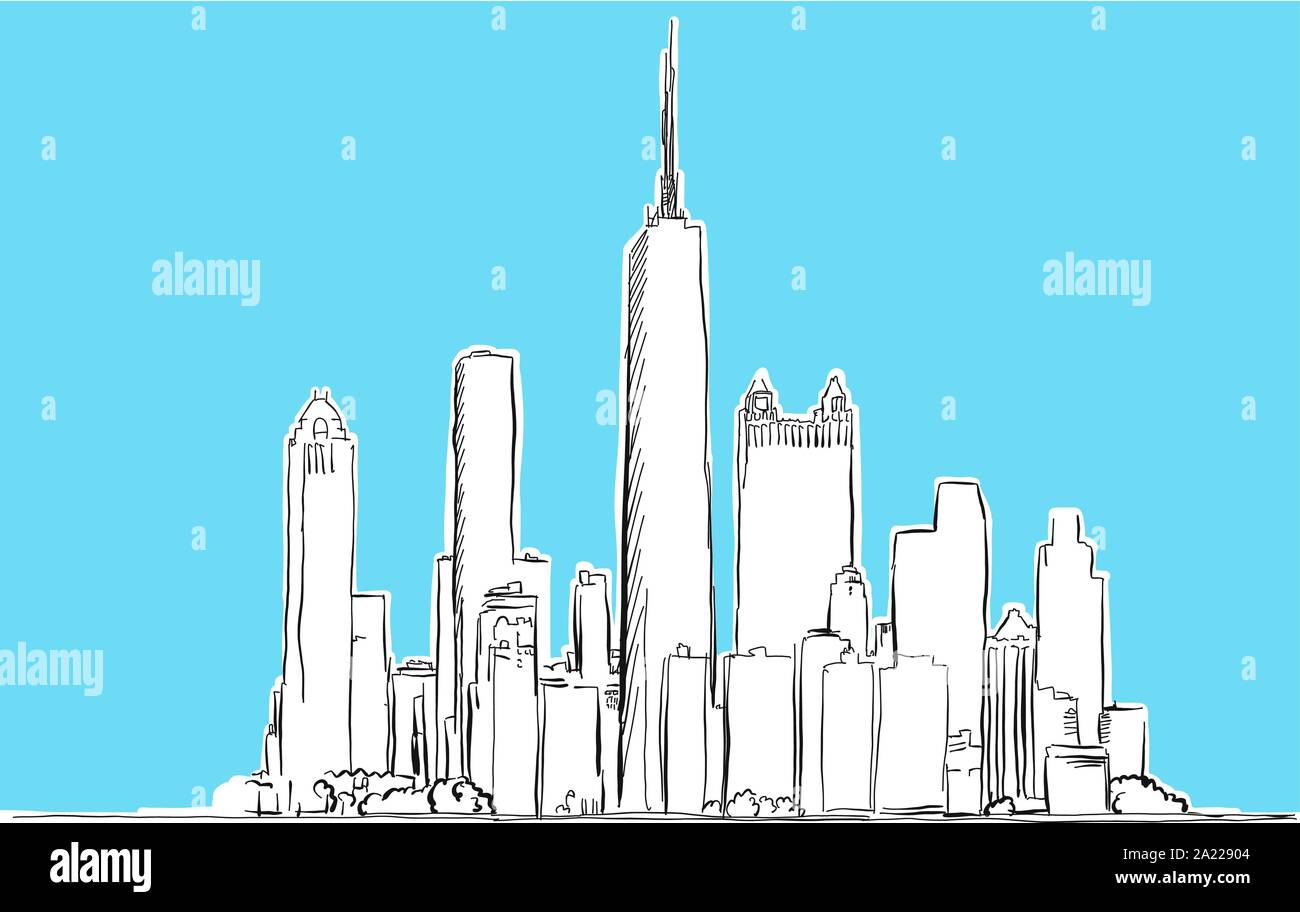 Chicago, Illinois Lineart Vector Sketch. and Drawn Illustration on blue ...