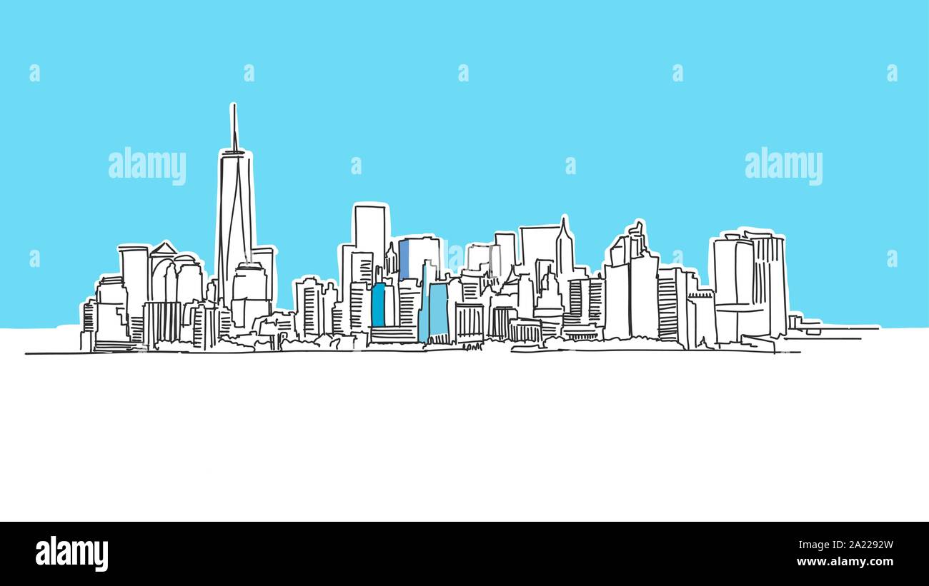 New York City Lineart Vector Sketch. and Drawn Illustration on blue ...