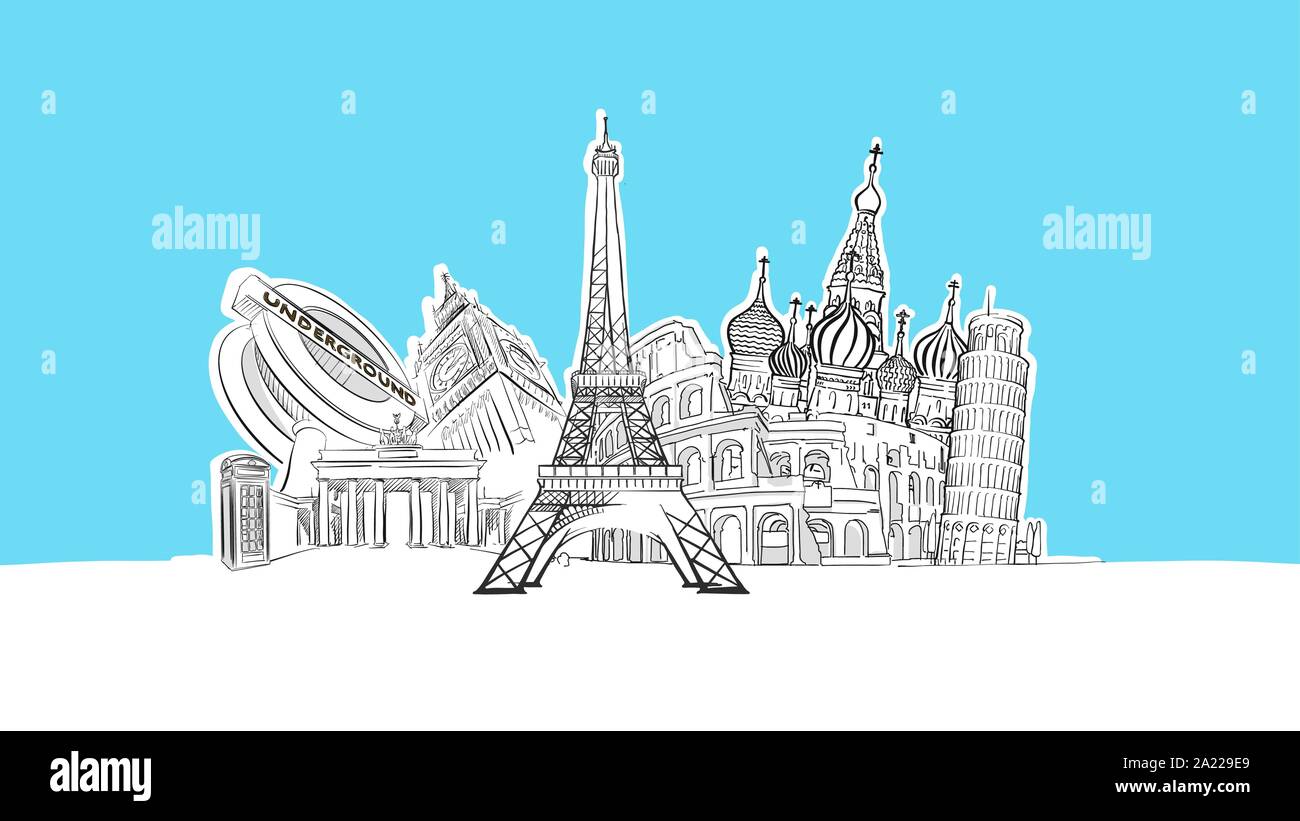Europe Landmarks Lineart Vector Sketch. and Drawn Illustration on blue ...