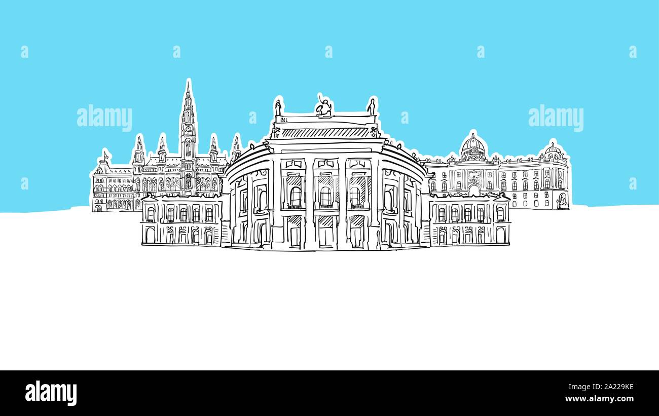 Vienna Austria Lineart Vector Sketch. and Drawn Illustration on blue ...