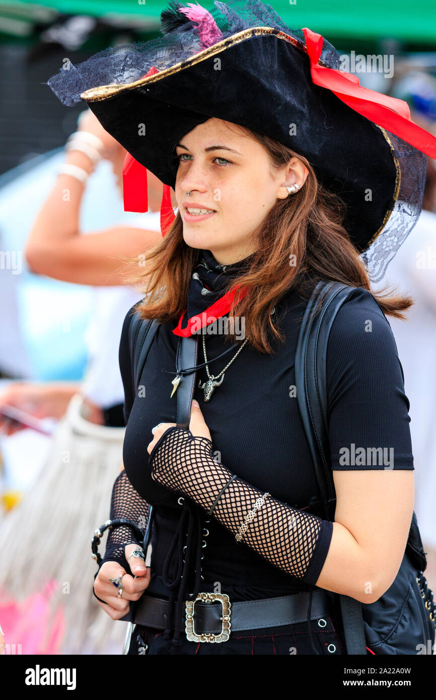 Pirate Day yearly event in Hastings, UK. Close up of pretty Caucasian ...