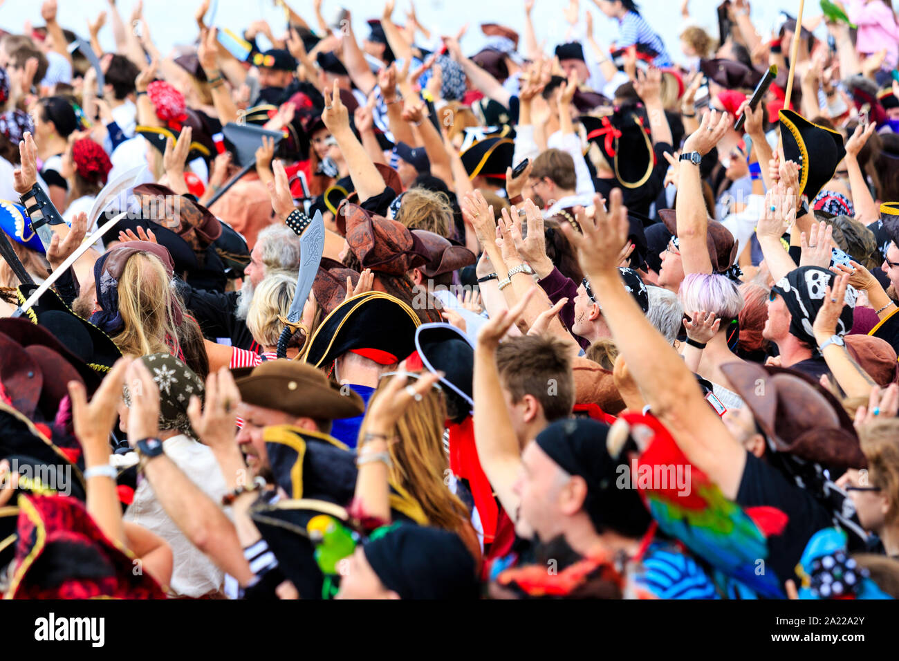 Pirate Day in Hastings, UK. Mass of people dressed as pirates crowded ...