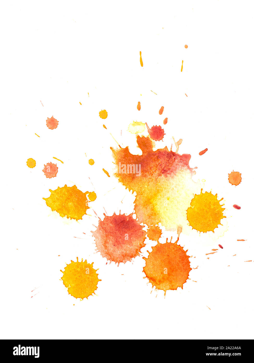 Splash of watercolor drop on white paper, yellow and orange color on ...