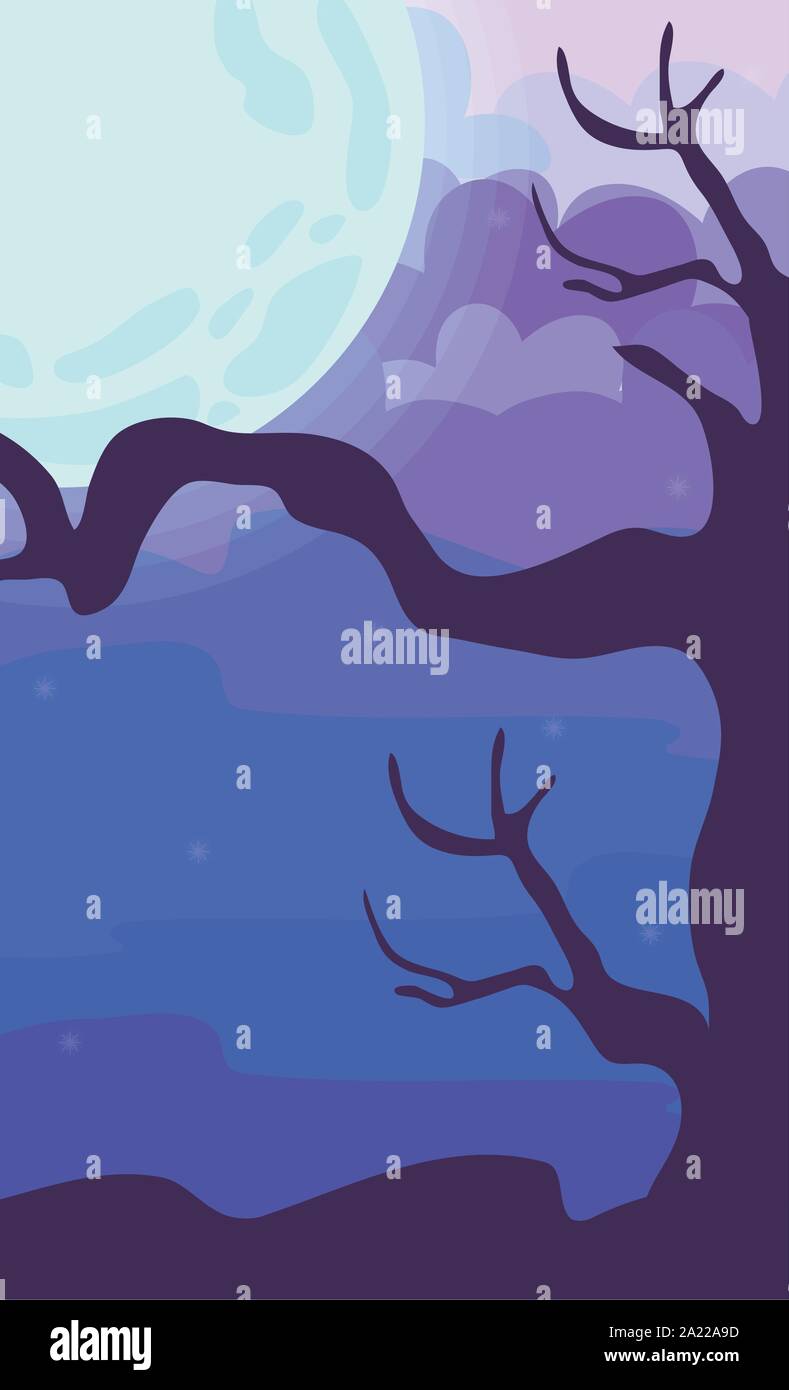 creepy landscape of night halloween with full moon vector illustration ...