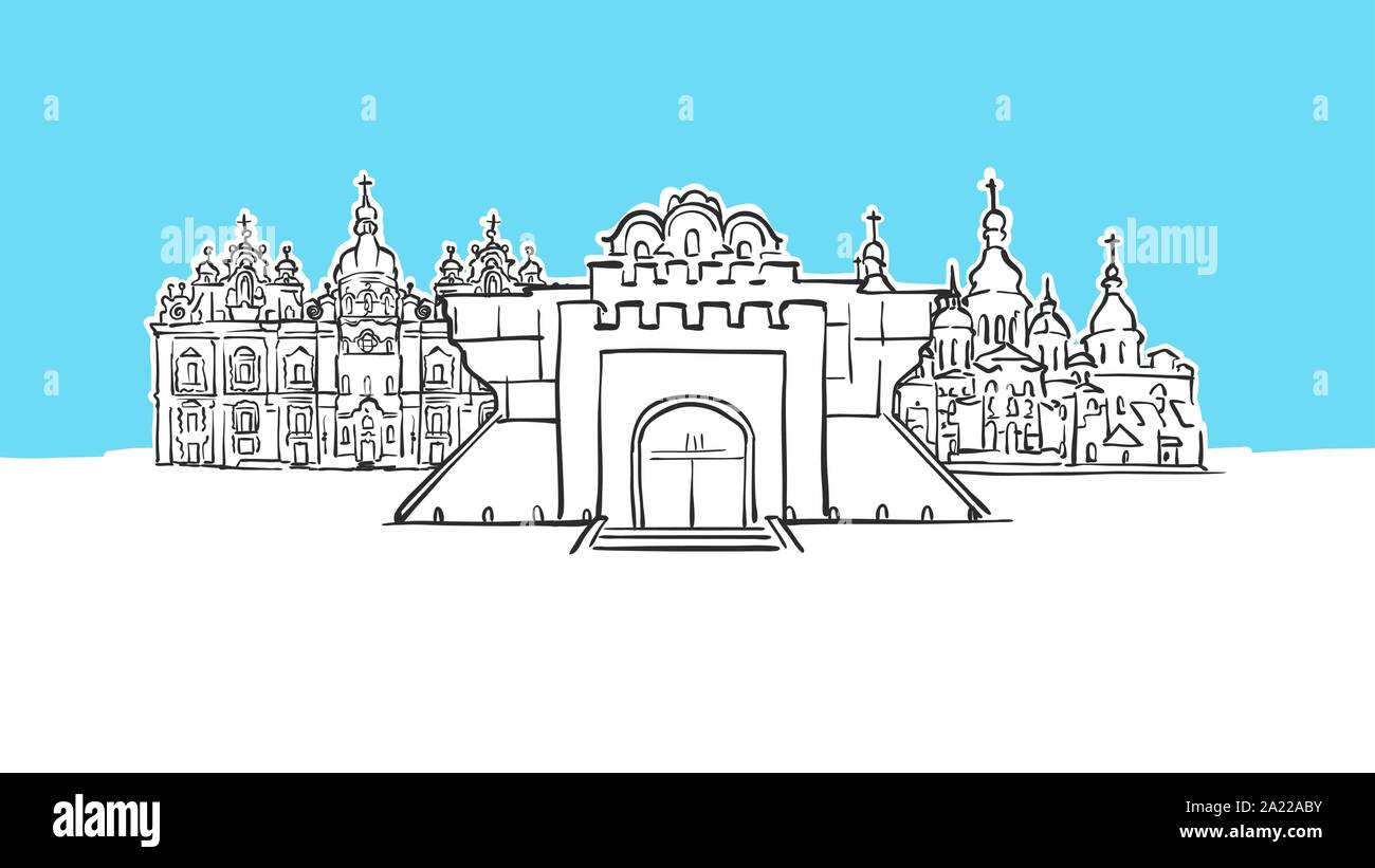 Kyiv Ukraine Lineart Vector Sketch. and Drawn Illustration on blue ...
