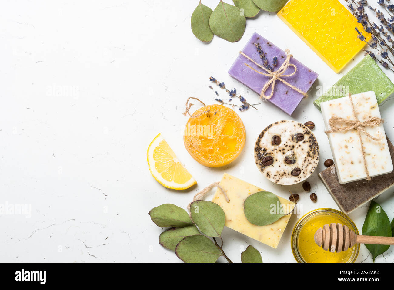 Natural soap bars on white top view Stock Photo - Alamy