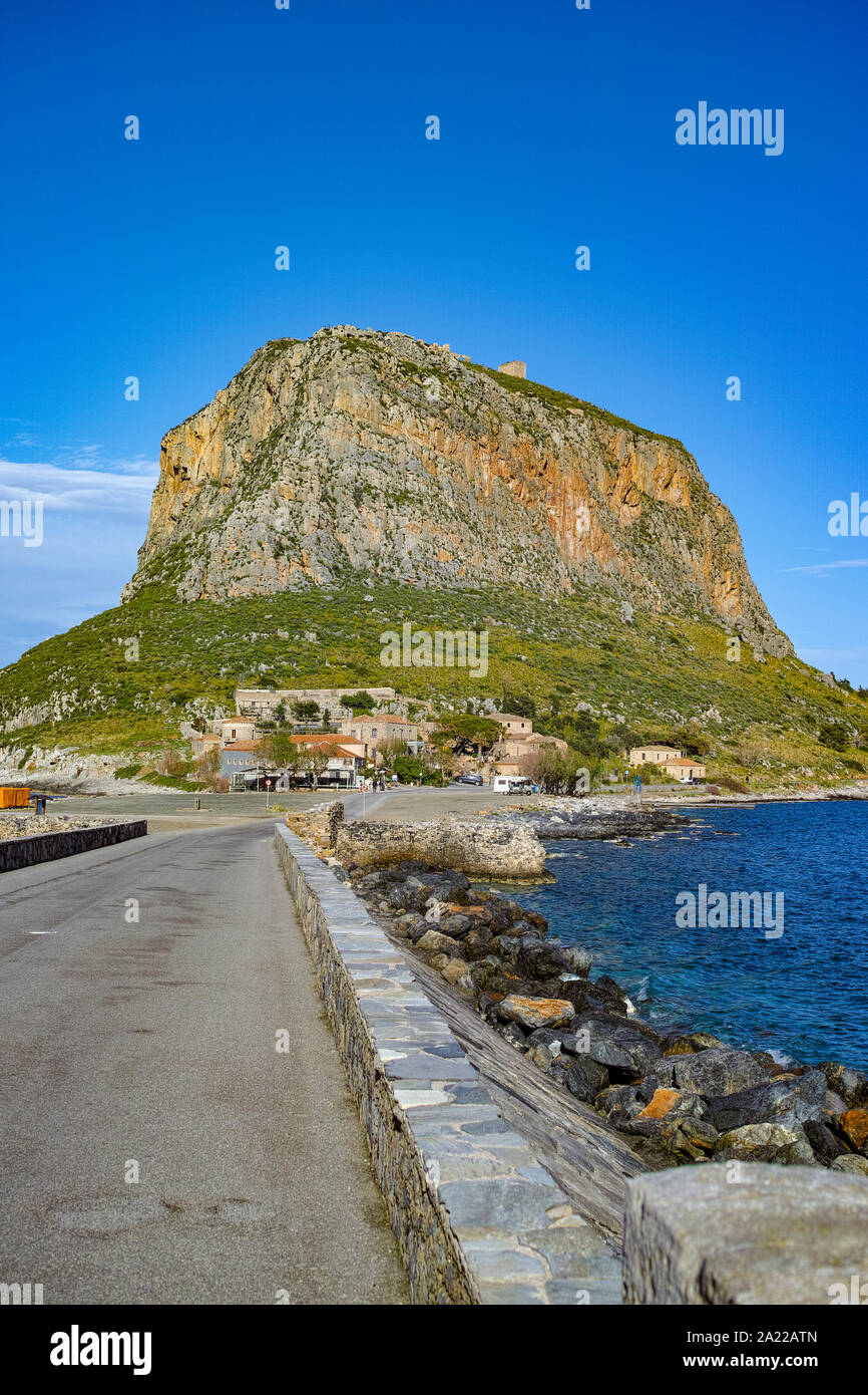 Protected ancient fortress and town on island rock Monemvasia, view ...