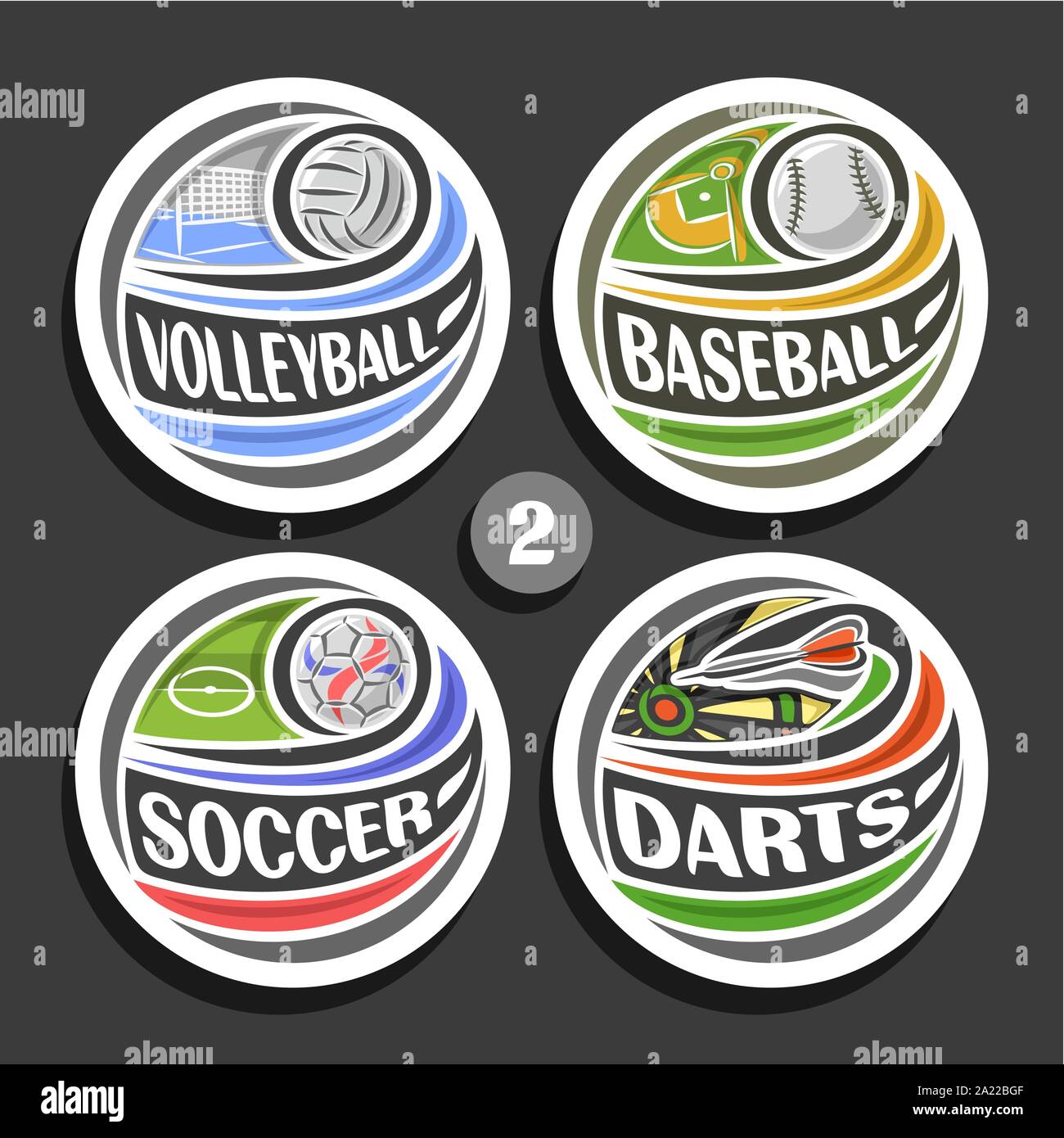Vector set of sport logos, 4 round simple badges with flying ball on ...