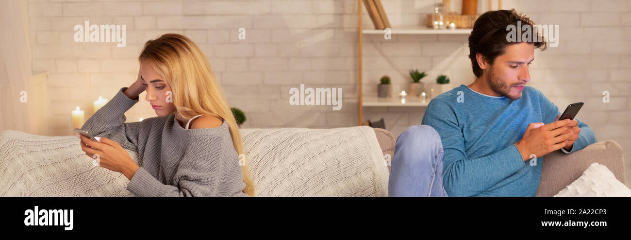Modern Relationship Problem. Couple Using Smartphones Sitting On Sofa ...